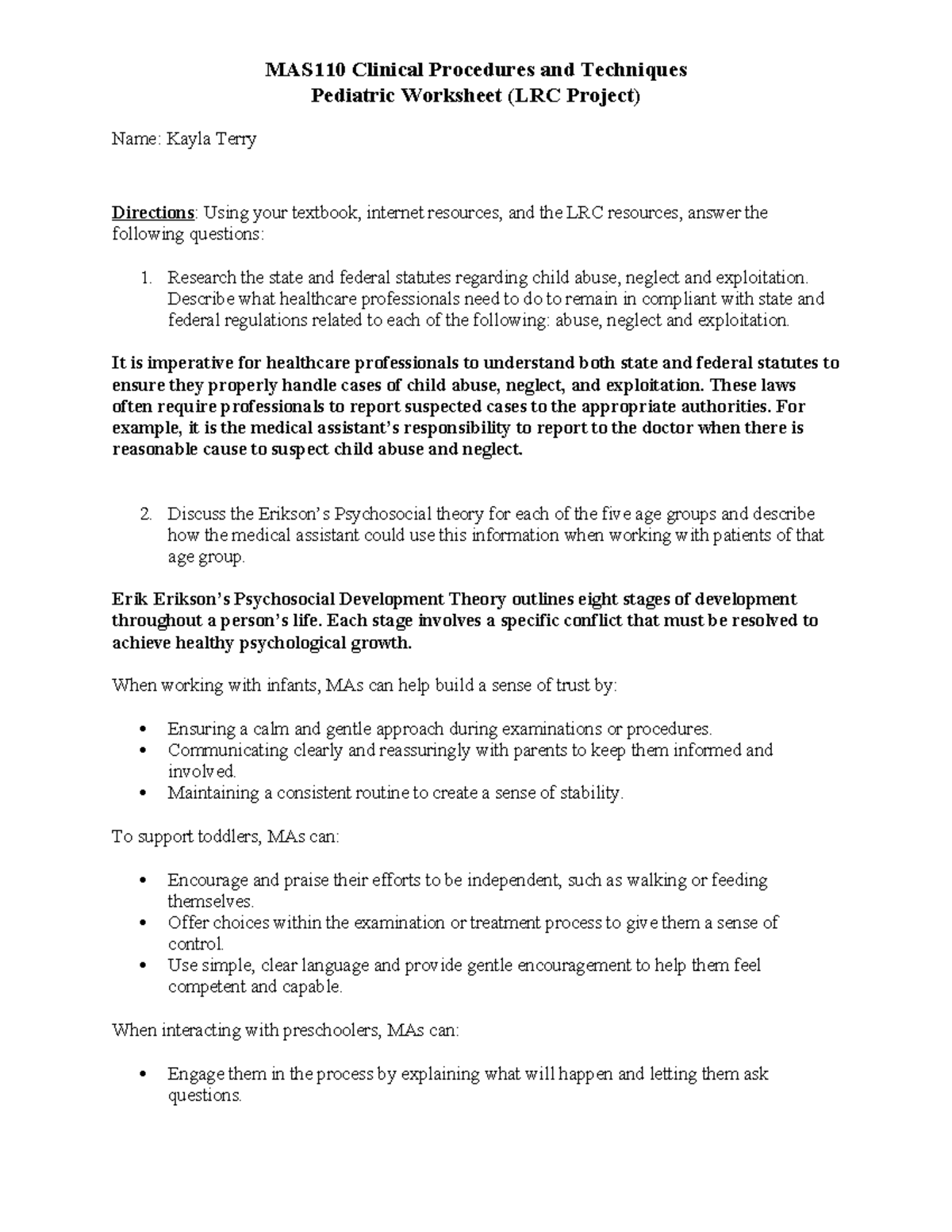 MAS110 Pediatric Worksheet - MAS110 Clinical Procedures and Techniques ...