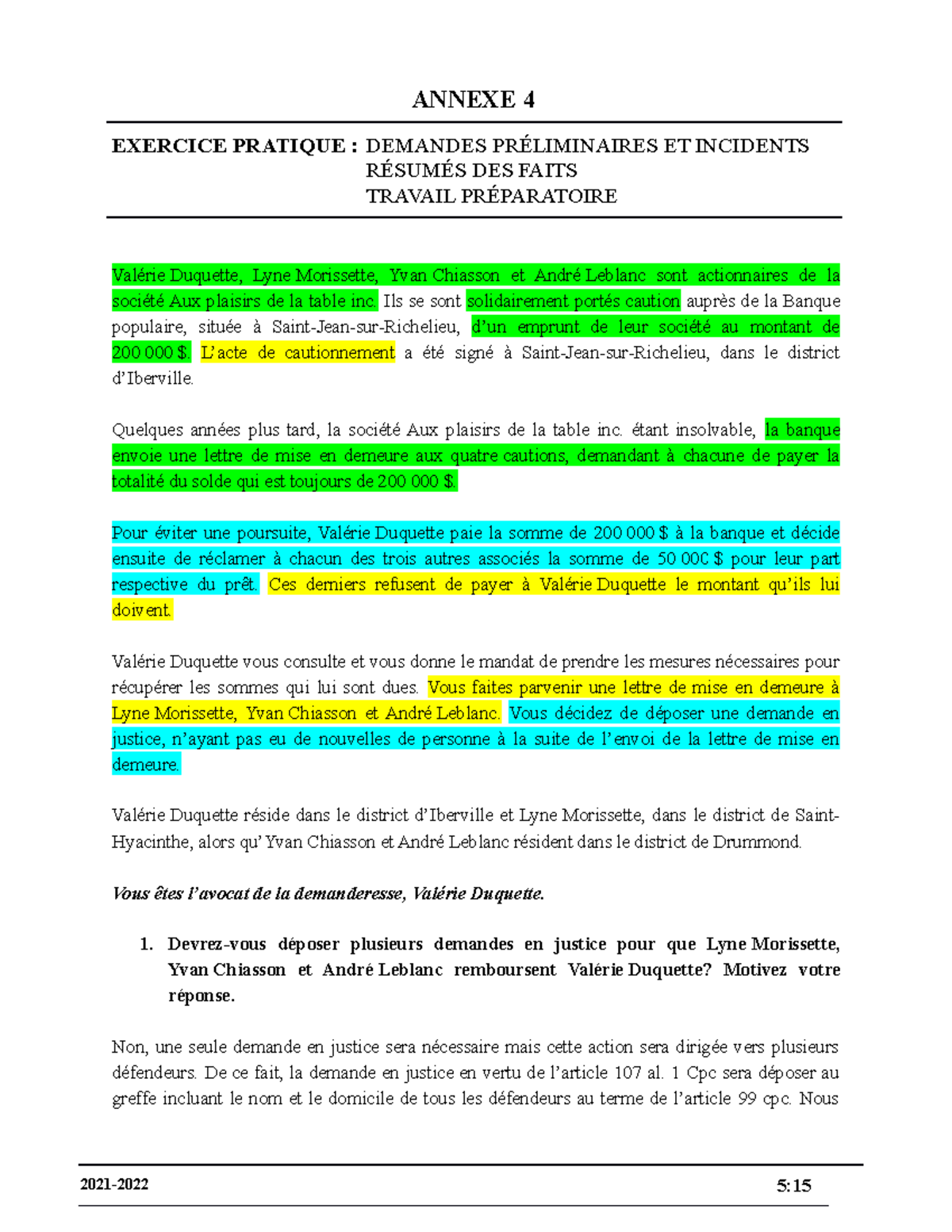 Jours 5. Annexe 4 - Note - ANNEXE 4 EXERCICE PRATIQUE : DEMANDES ...