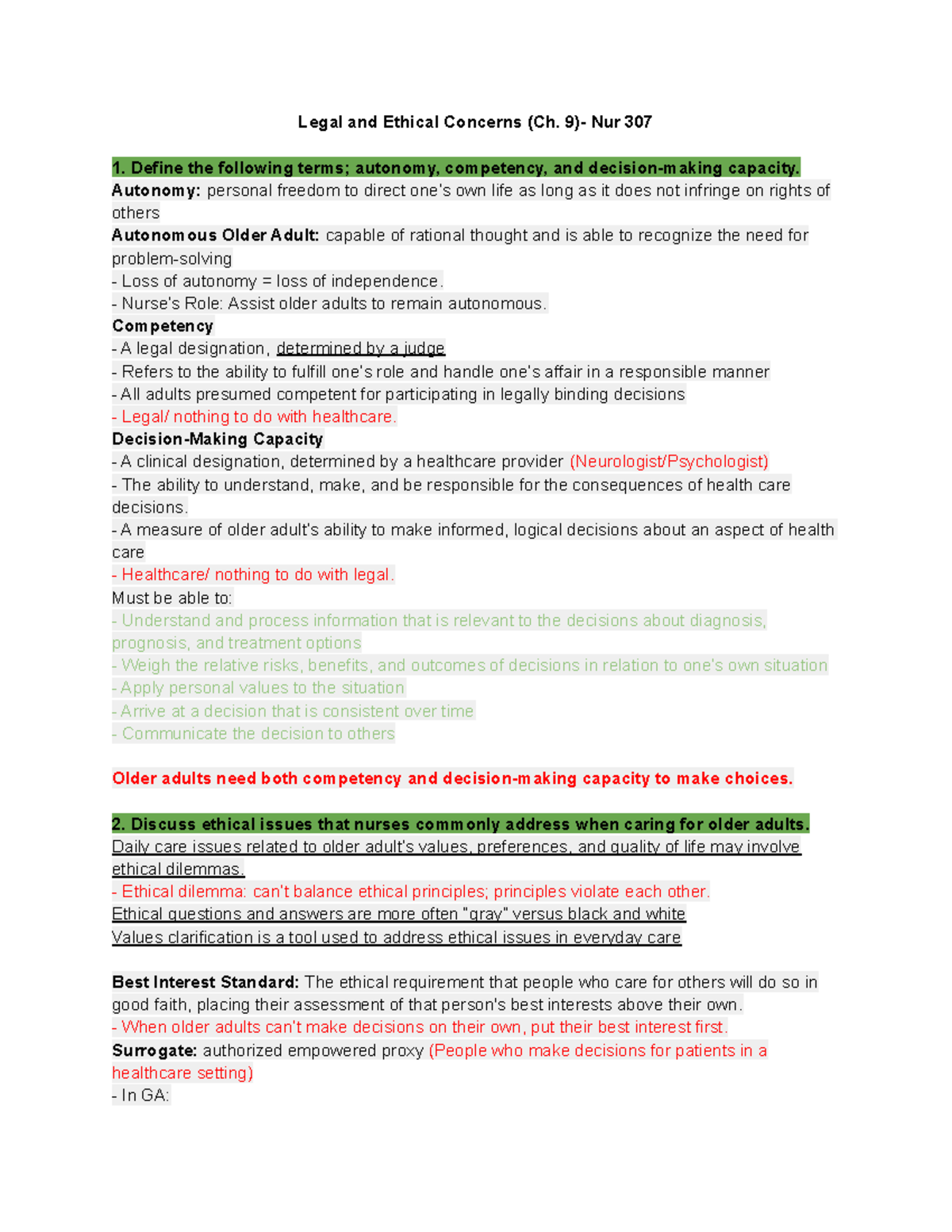 Legal and Ethical Concerns Lesson Outcomes (Older Adult Exam 3) - Legal ...