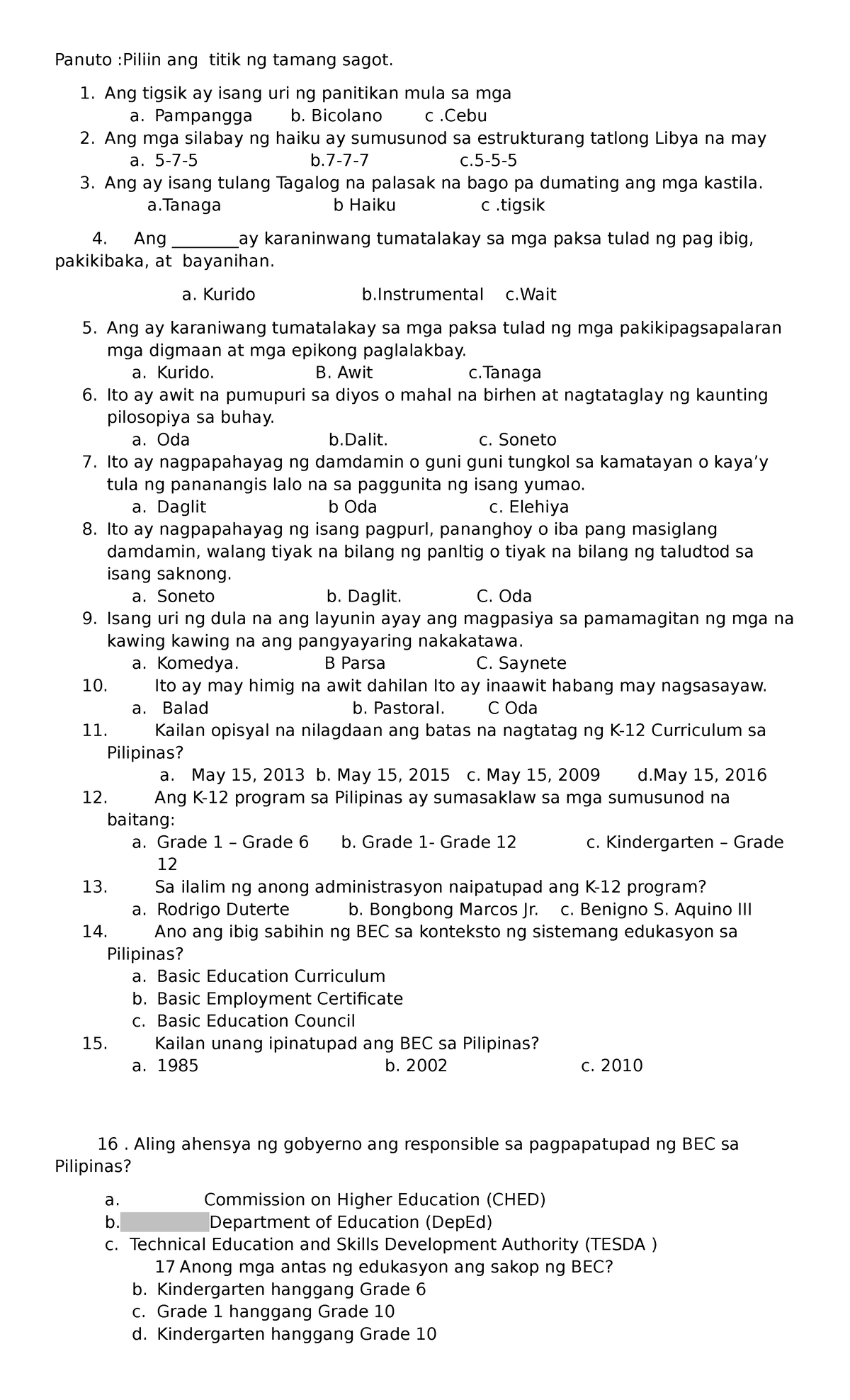 Panitikan-Final-Exam - Panuto :Piliin ang titik ng tamang sagot. 1. Ang ...