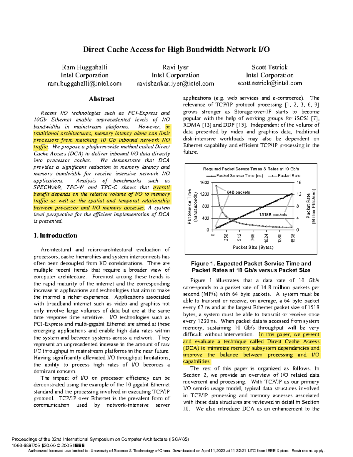 Direct cache access for high bandwidth network I O - Direct Cache ...