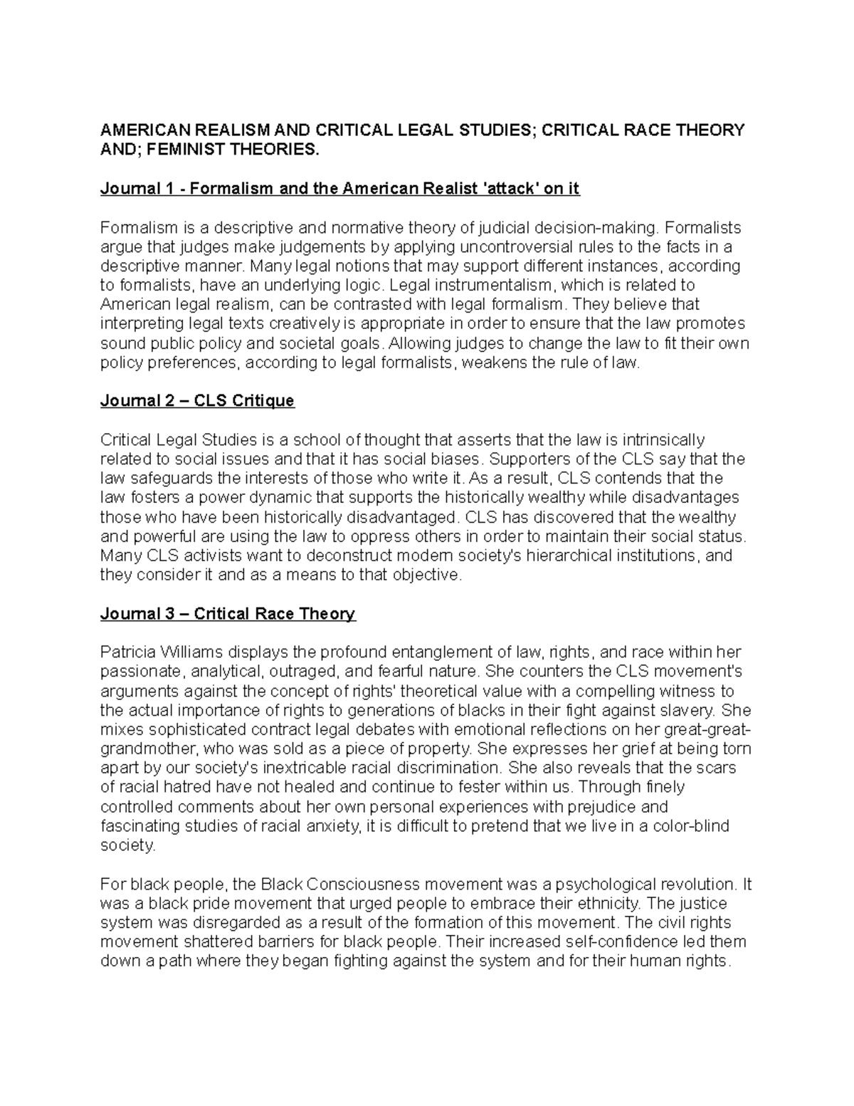 American Realism AND Critical Legal Studies - LJUR4814 - UFS UV - Studocu