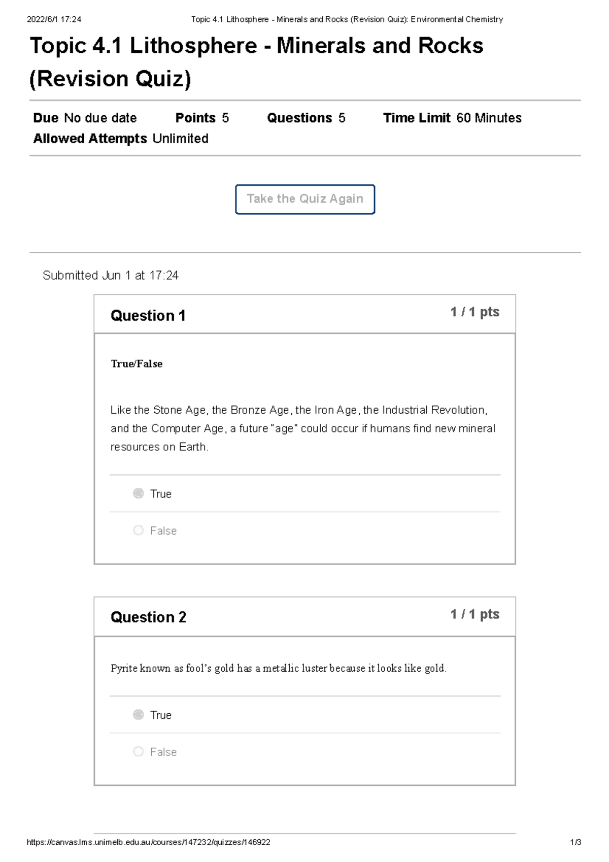 Topic 4.1 Lithosphere - Minerals and Rocks (Revision Quiz ...