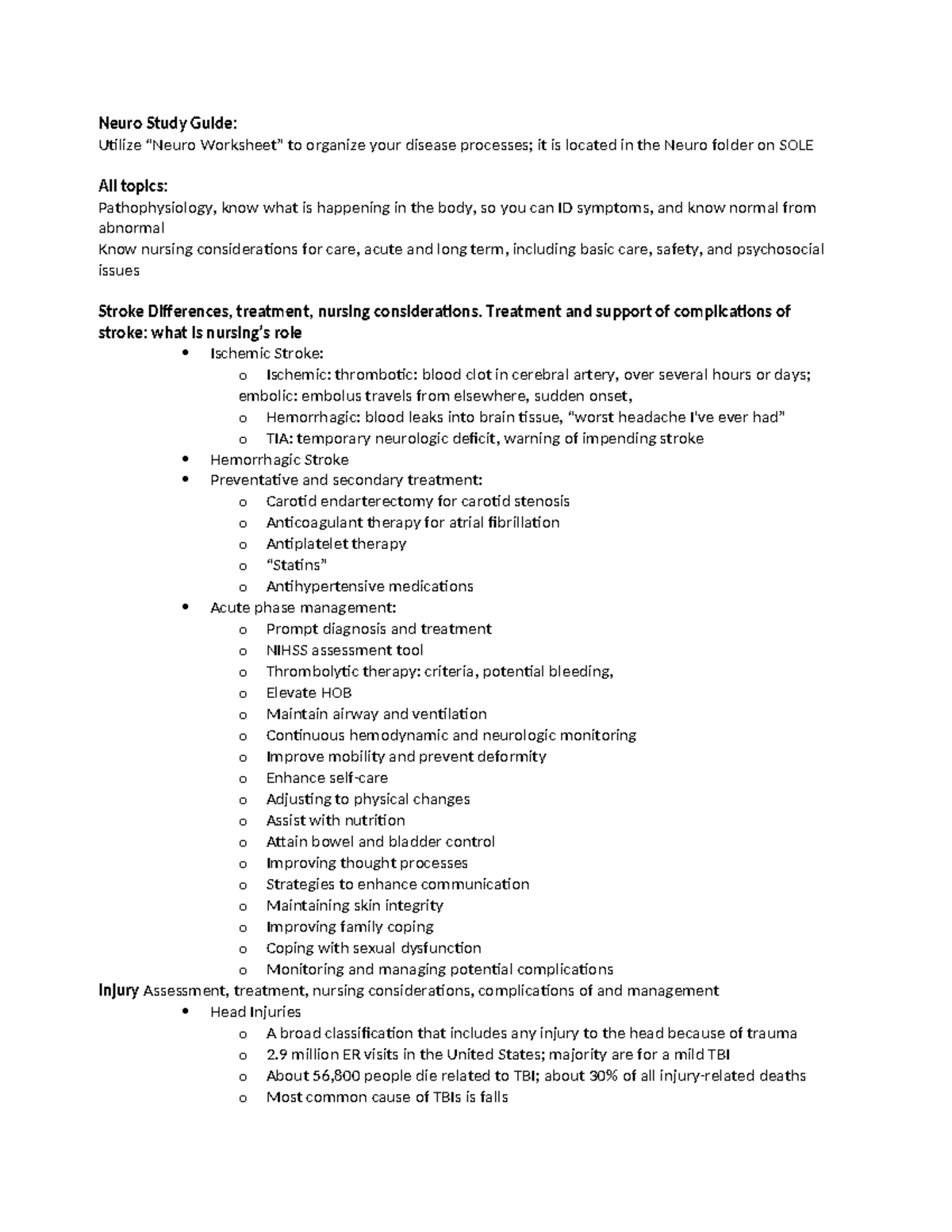 Neuro Exam 1 Study Quide - Neuro Study Guide: Utilize “Neuro Worksheet ...