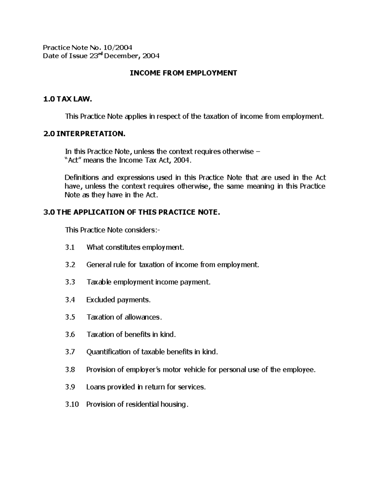 Practice Note No10 - 10/ Date of Issue 23rd December, 2004 INCOME FROM ...