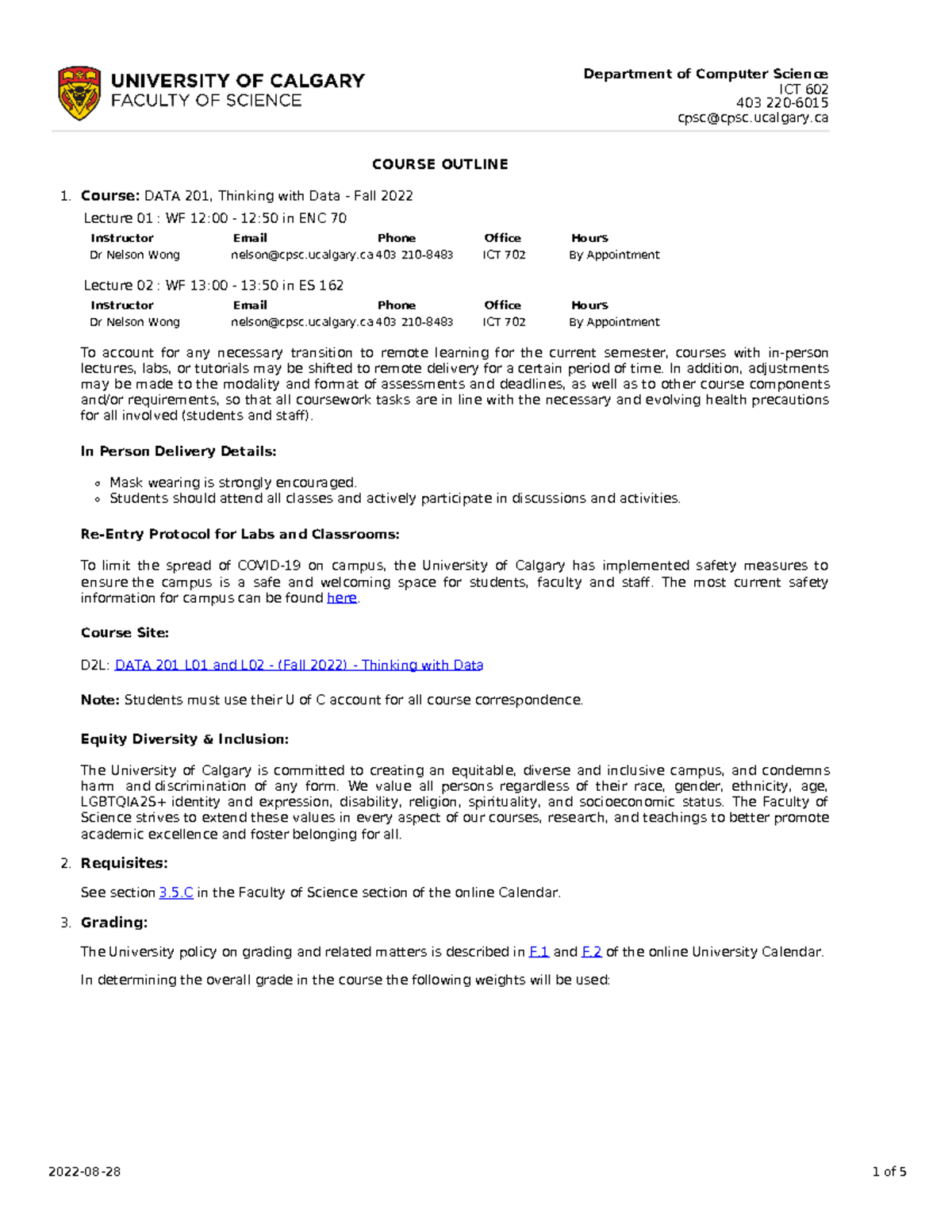 DATA 201 Course Outline - Department of Computer Science ICT 602 403 ...