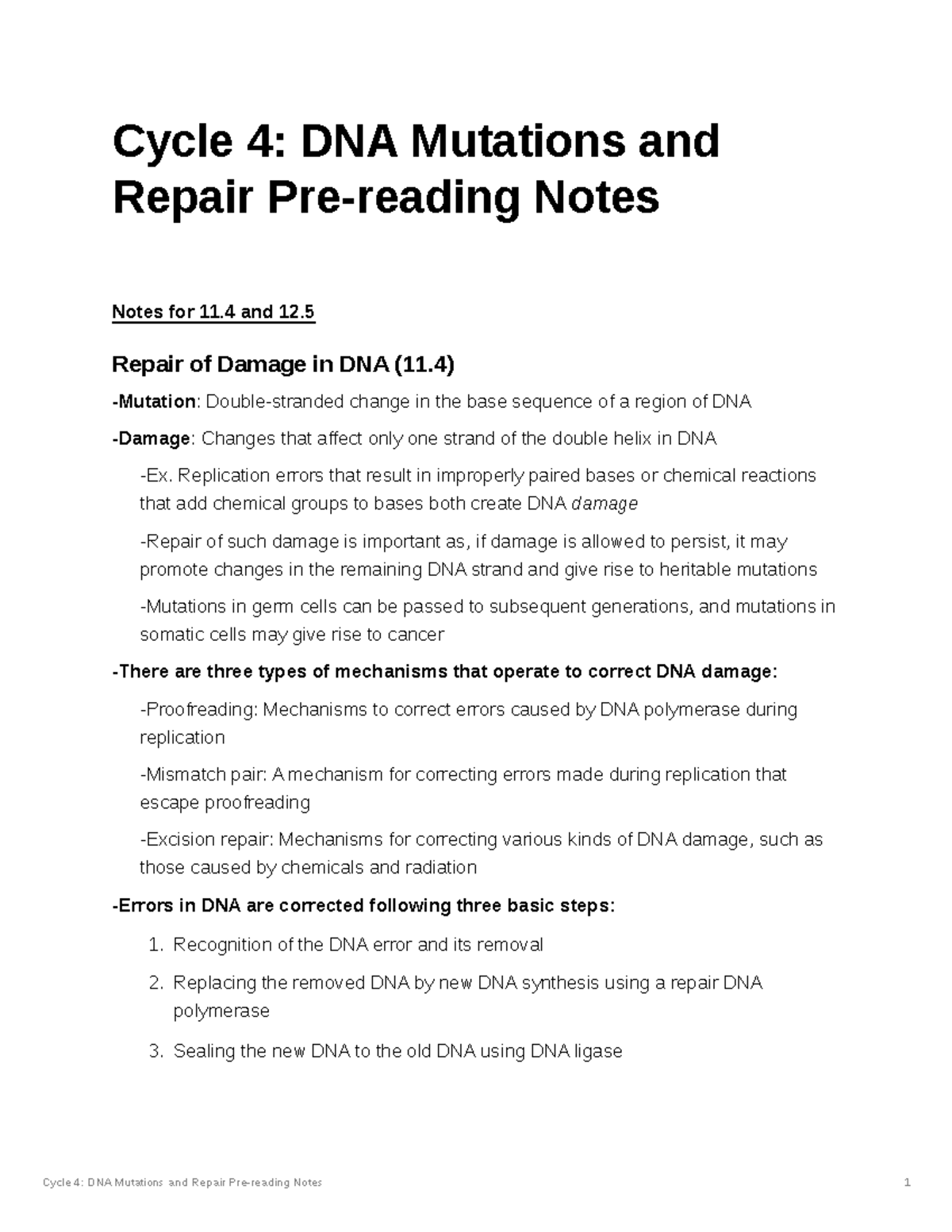 Cycle 4 DNA Mutations and Repair Pre-reading Notes f20310 ...