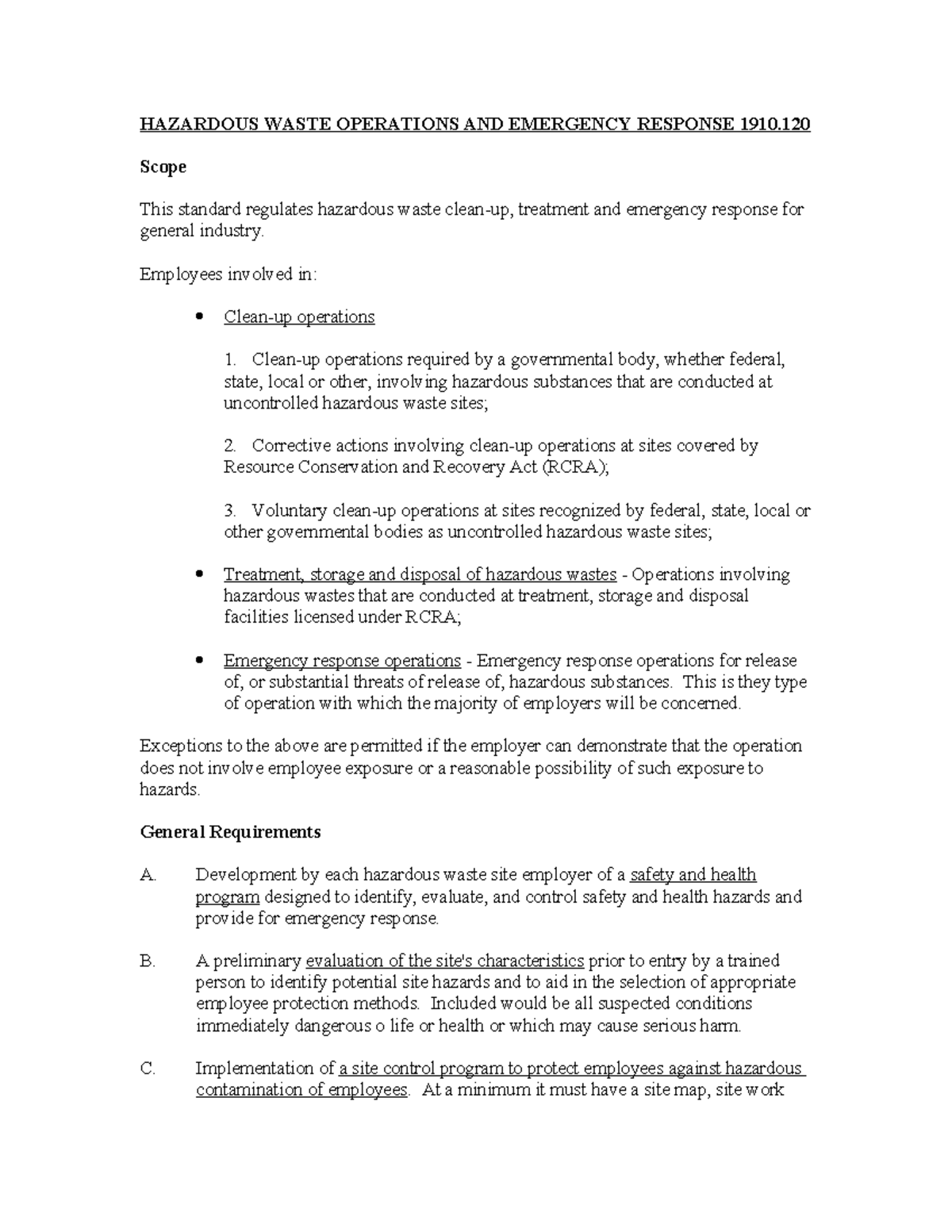 Haz Woper - Notes - HAZARDOUS WASTE OPERATIONS AND EMERGENCY RESPONSE ...