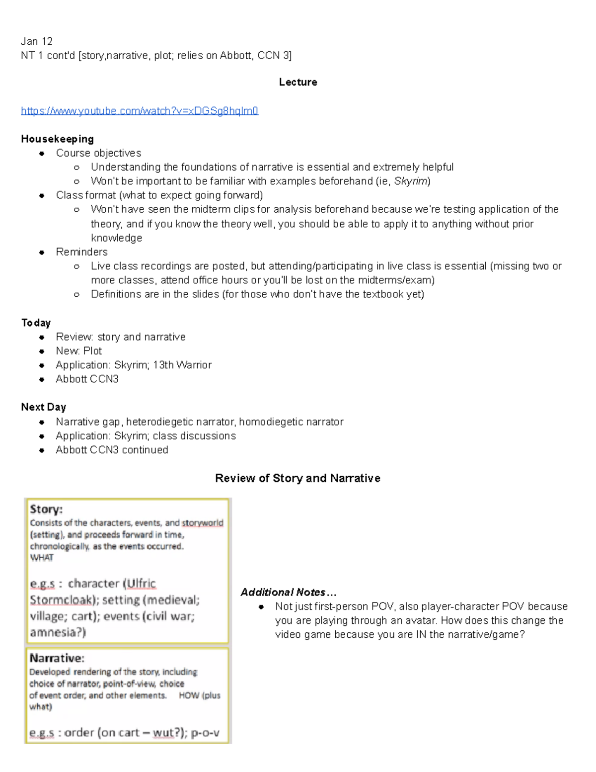 2B - Lecture Notes - Jan 12 NT 1 cont'd [story,narrative, plot; relies ...