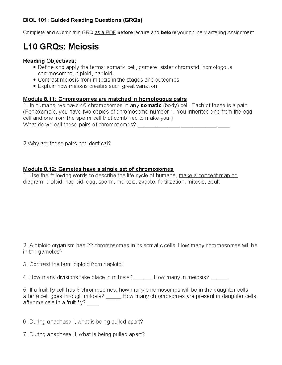 Lesson 10 GRQs Meiosis - BIOL 101: Guided Reading Questions (GRQs ...