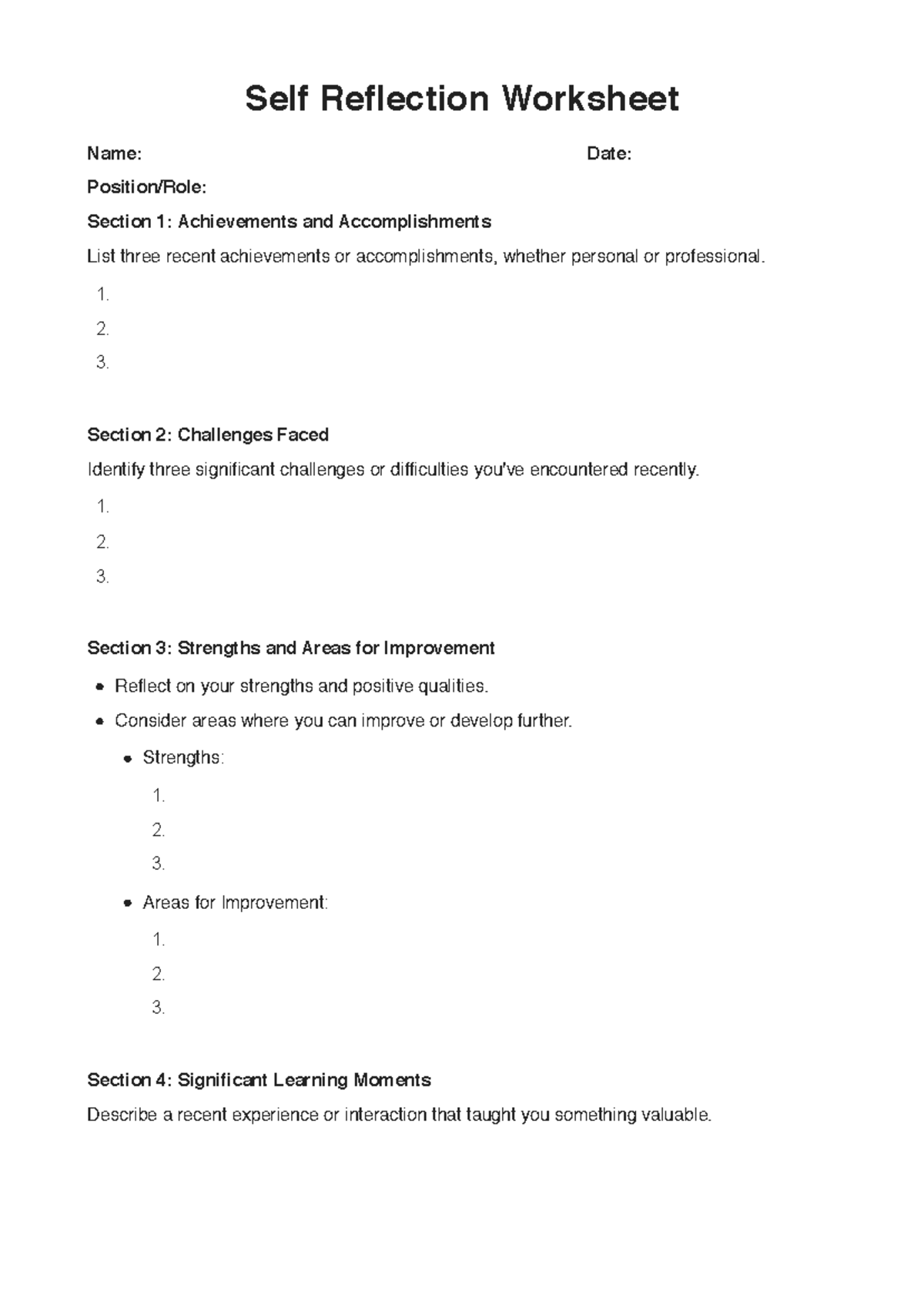 Self- Reflection Worksheet - Self Reflection Worksheet Name: Date ...
