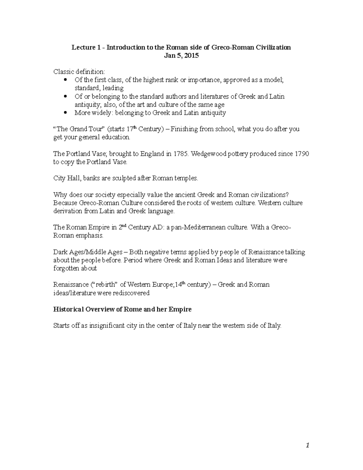 Introduction to Roman Civilization - Summary - Lecture 1 - Lecture 1 ...