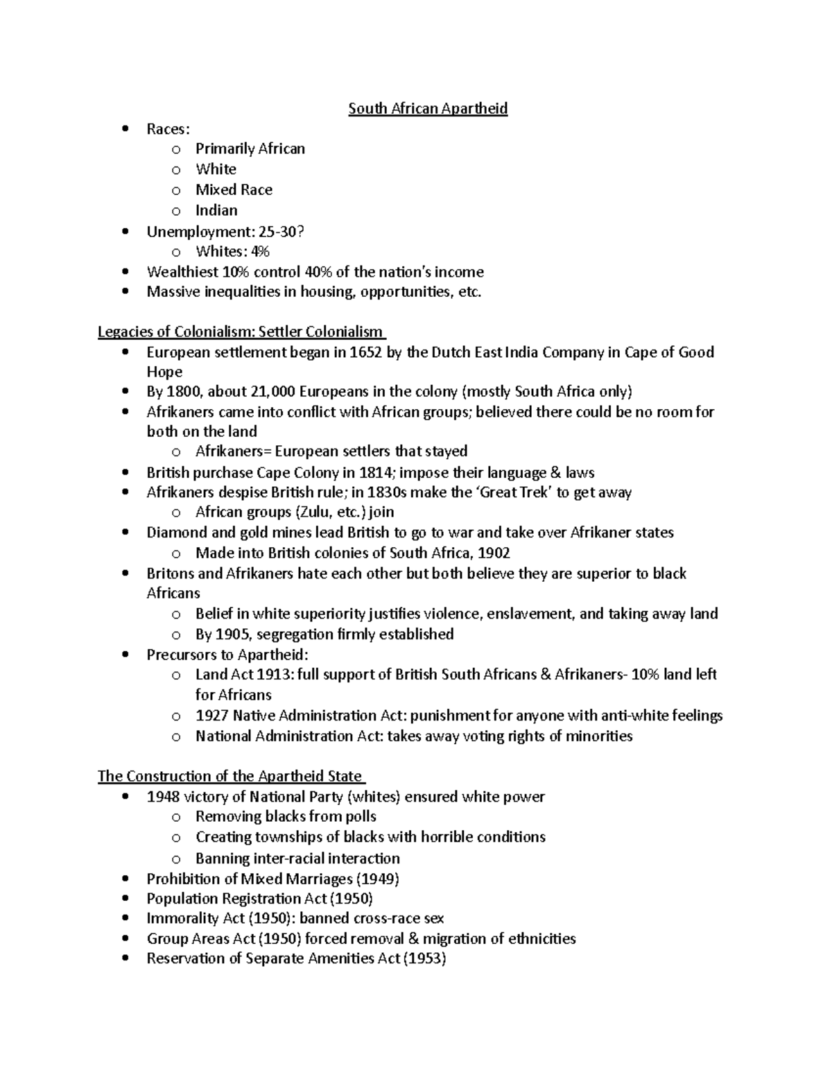 South African Apartheid Lecture Notes - South African Apartheid Races ...