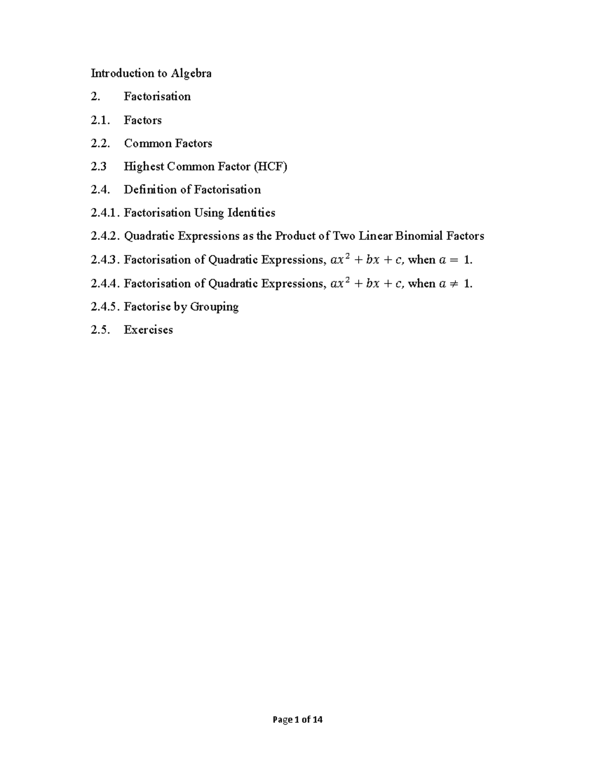 Factorisation - Lecture notes 1 - Introduction to Algebra Factorisation ...