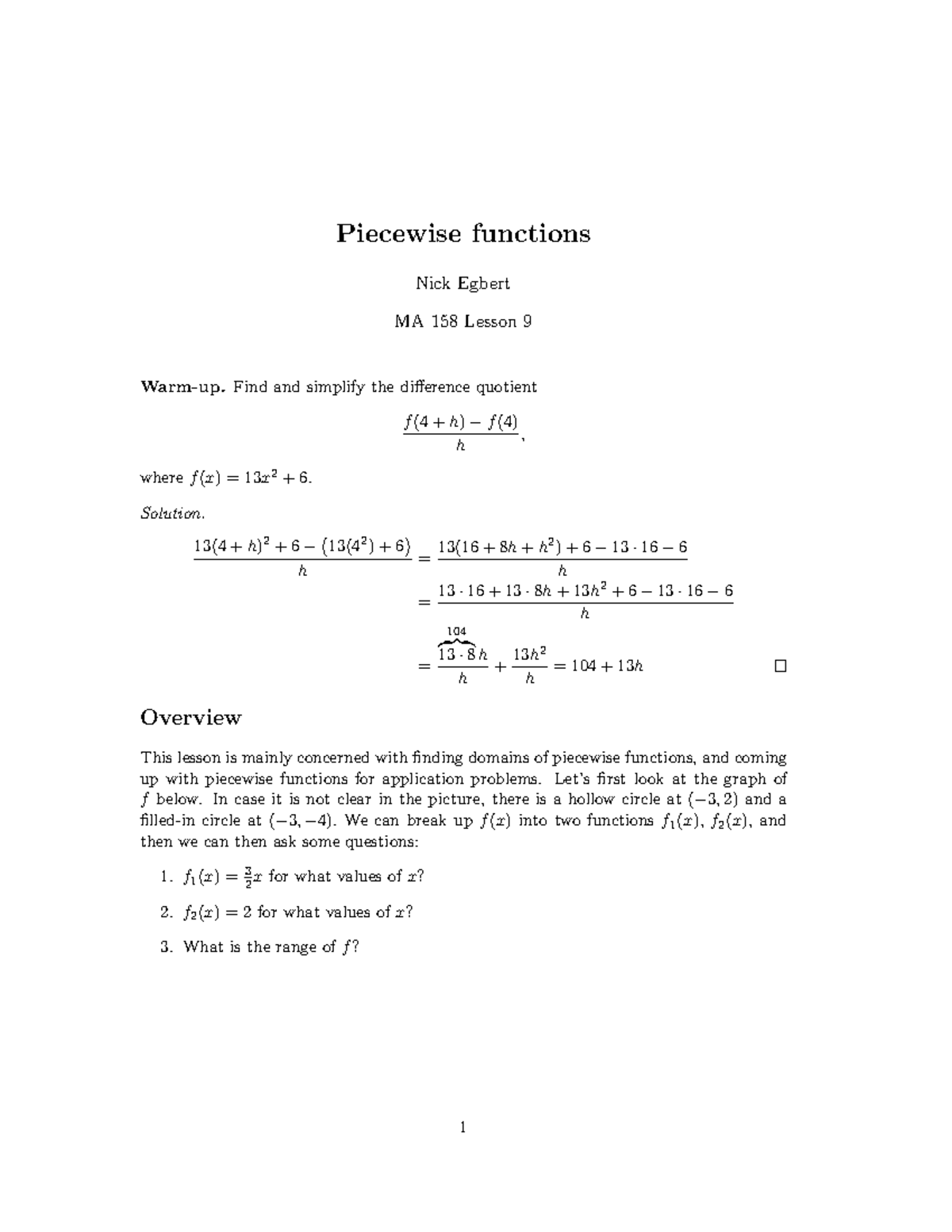Lesson 9 - Piecewise functions Nick Egbert MA 158 Lesson 9 Warm-up ...