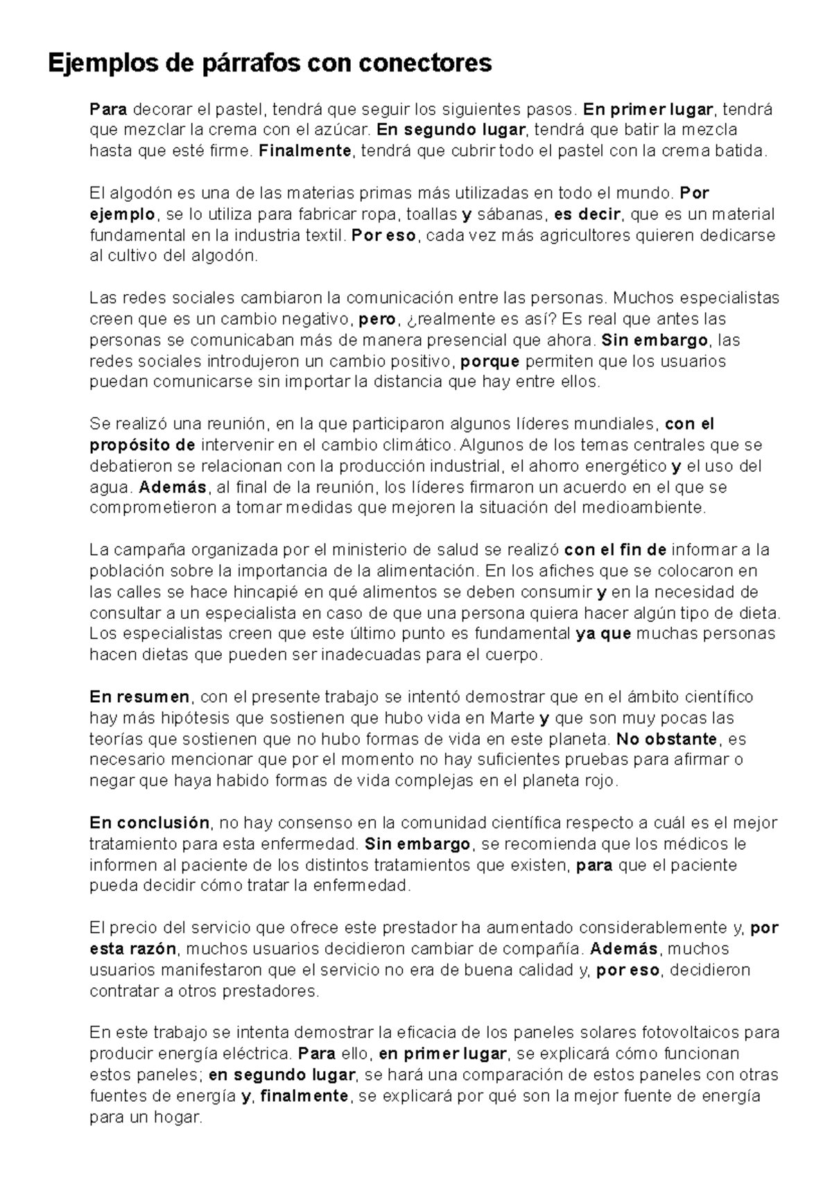 Encontrar conectores en texto - solución - Ejemplos de párrafos con ...