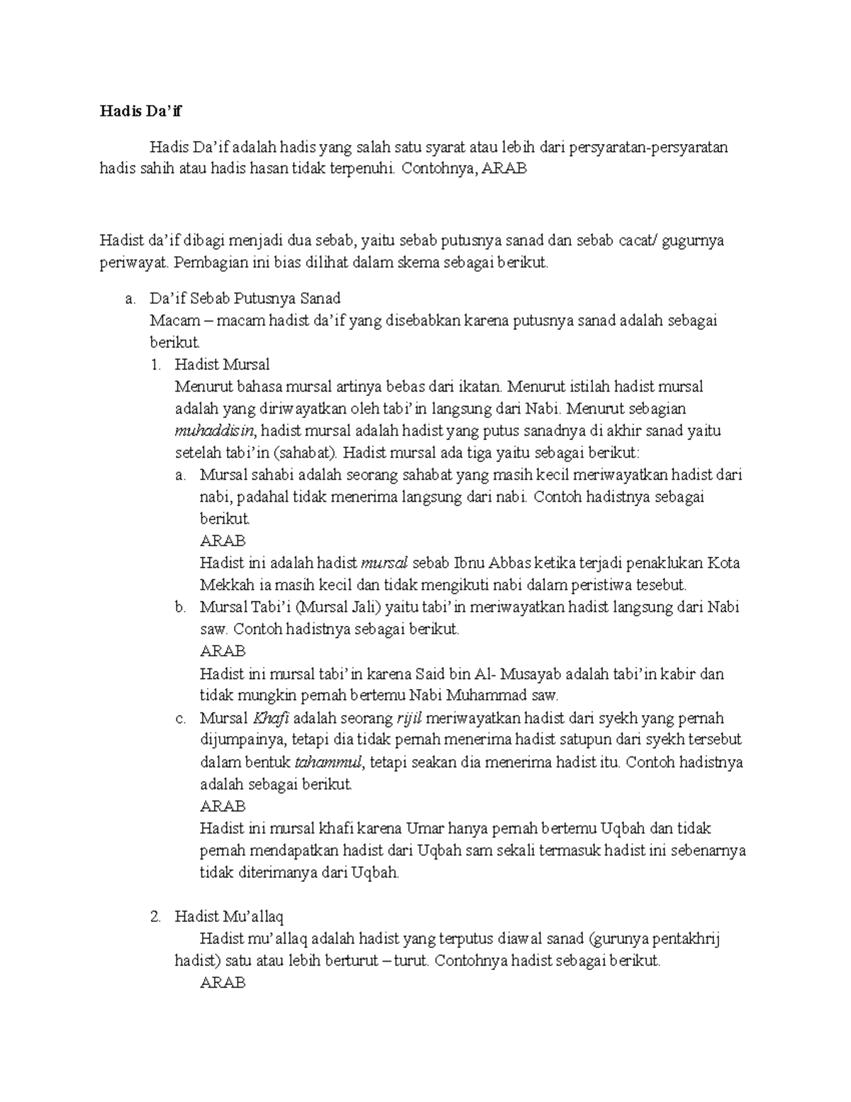 Pembagian klasifikasi Hadist daif - Hadis Da’if Hadis Da’if adalah ...