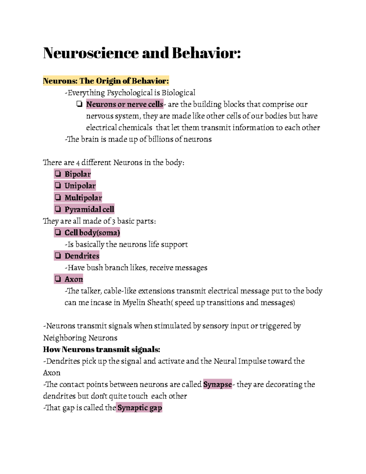 Chapter 3 Notes- Psychology - Neuroscience and Behavior: Neurons: The ...