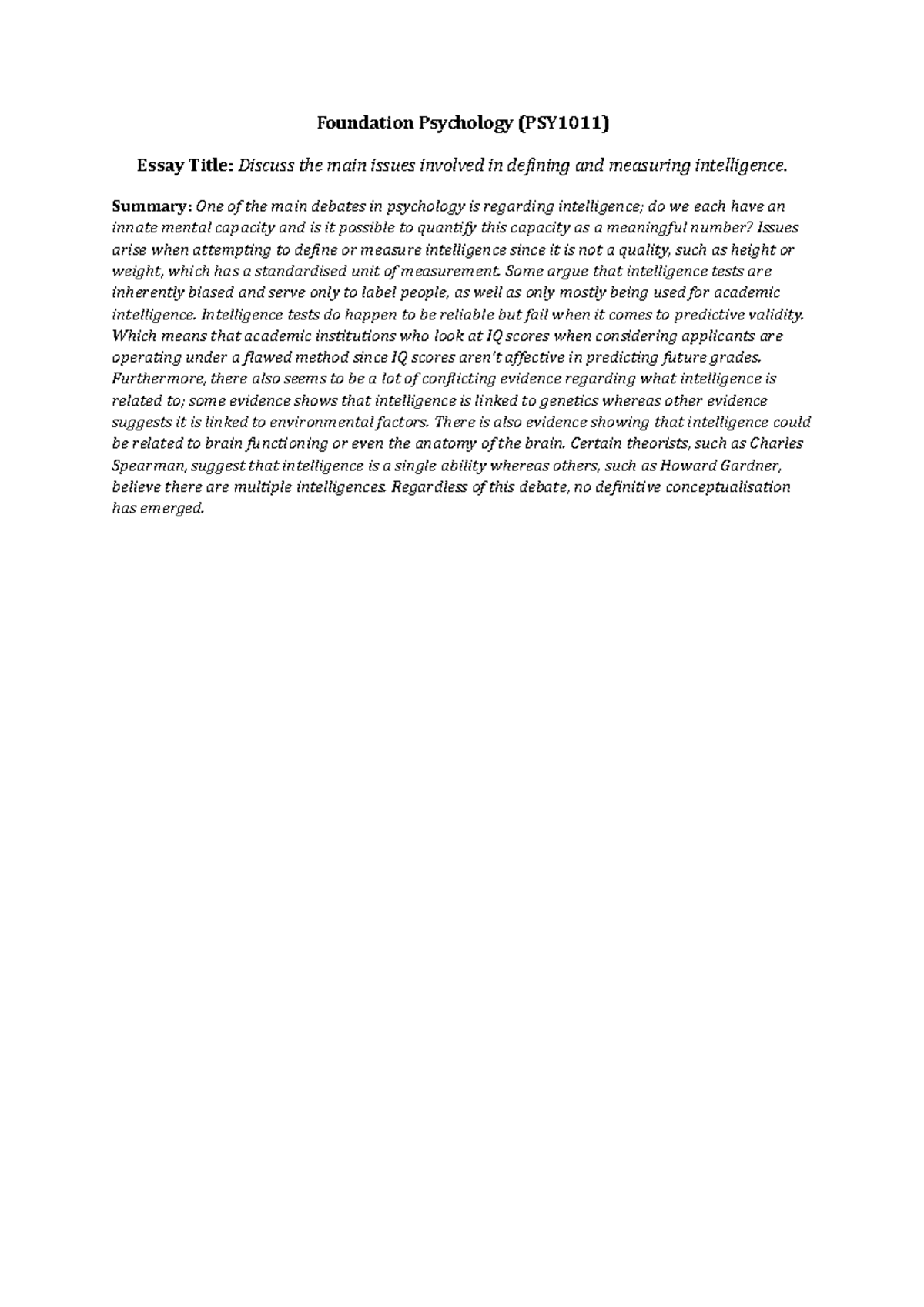 Intelligence Essay - Grade: 1st - Foundation Psychology (PSY1011) Essay ...
