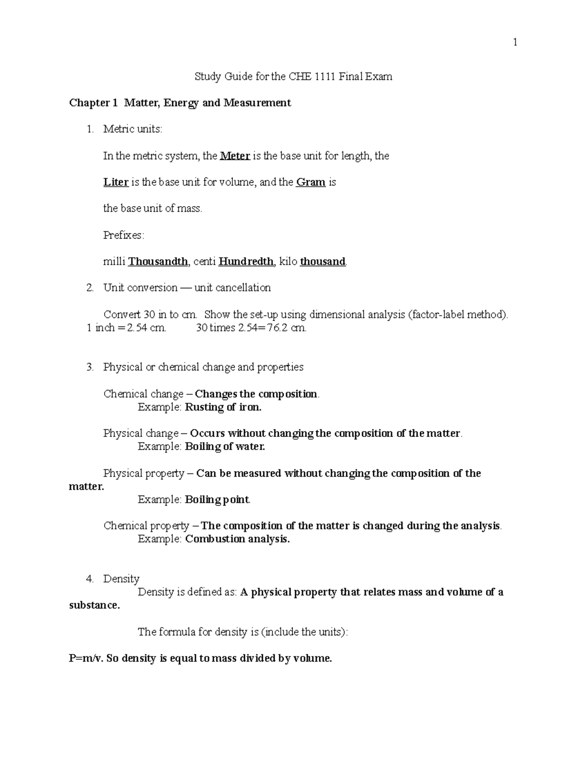 CHE 1111 Cumulative Study Guide Summer 2015 - Study Guide for the CHE ...