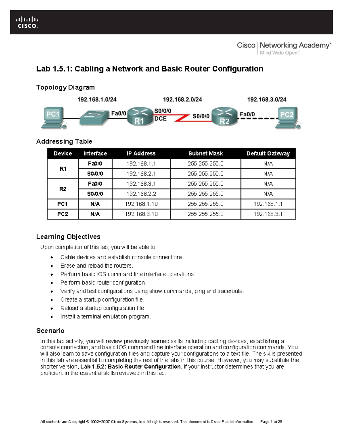 1 Lab Cabling A Network And Basic Router Configuration Lab 1 5 Cabling A Network And Basic