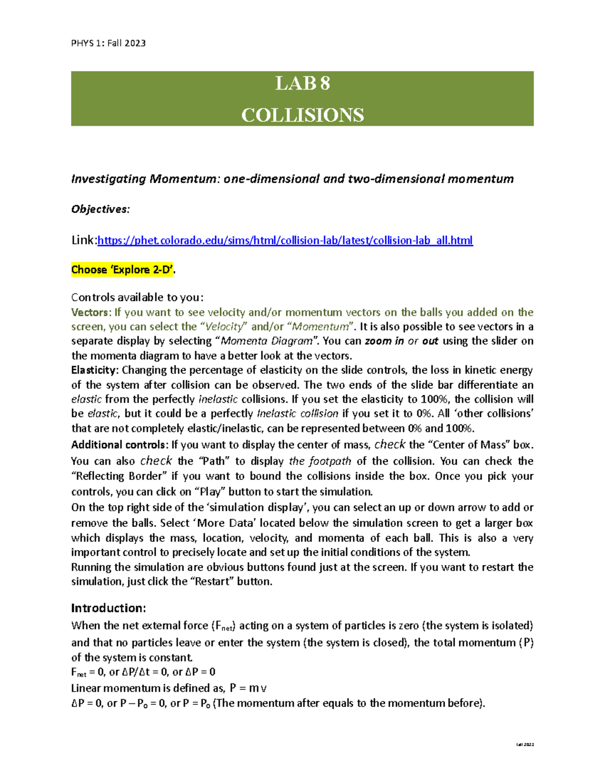 Lab 08-Conservation of Momentum-Collision updated - LAB 8 COLLISIONS Investigating Momentum ...