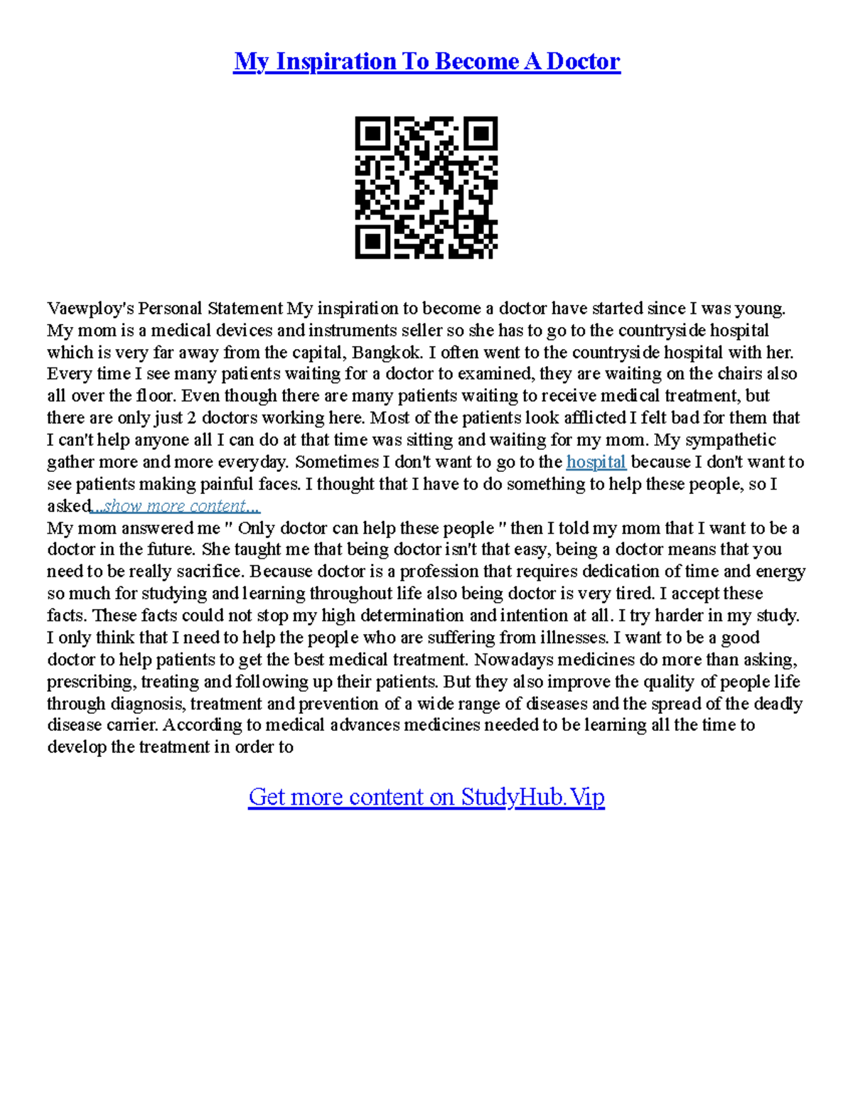 My Inspiration Essay - My Inspiration To Become A Doctor Vaewploy's ...