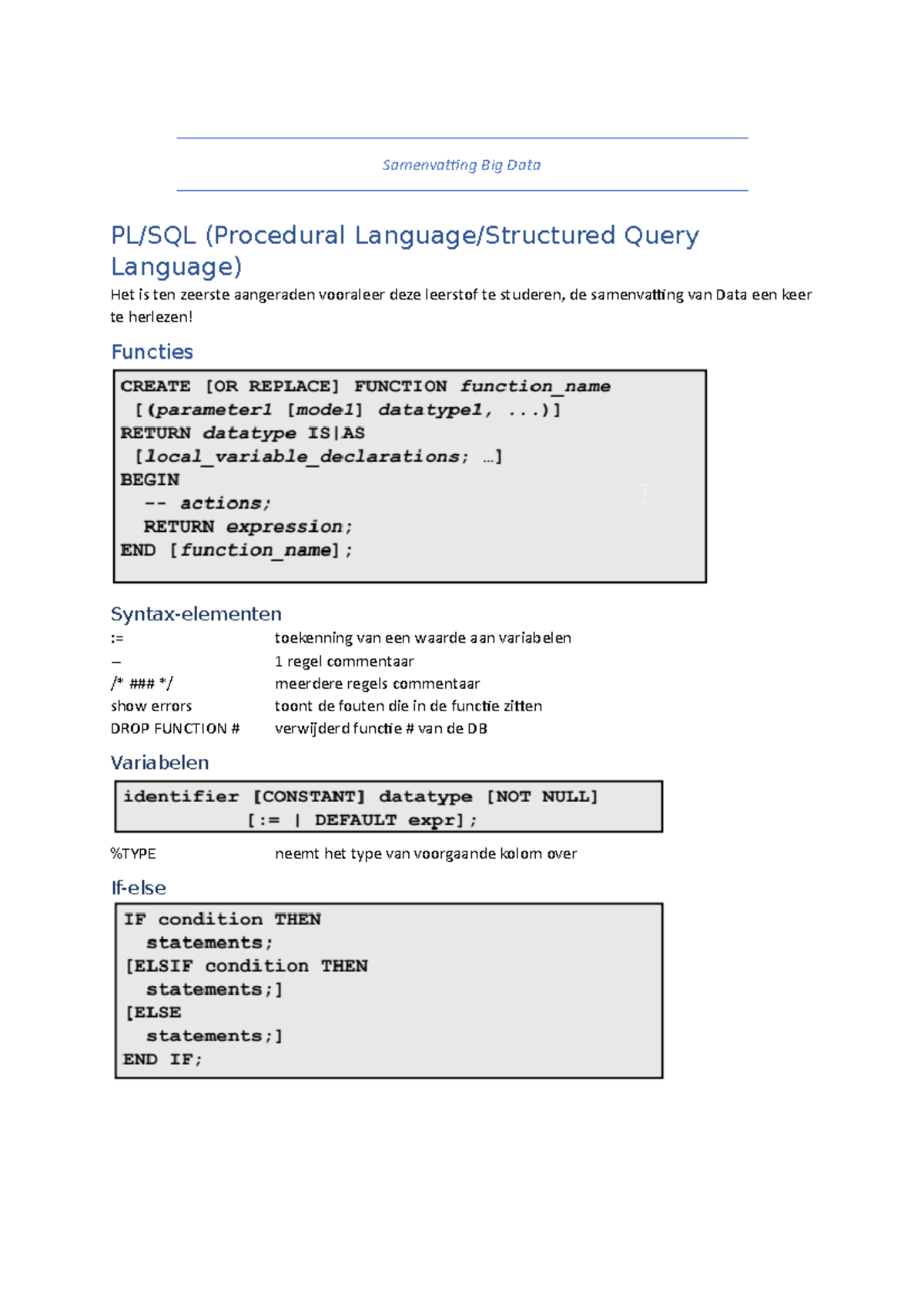 Summary Big Data - Samenvatting Big Data (Procedural Query Language ...
