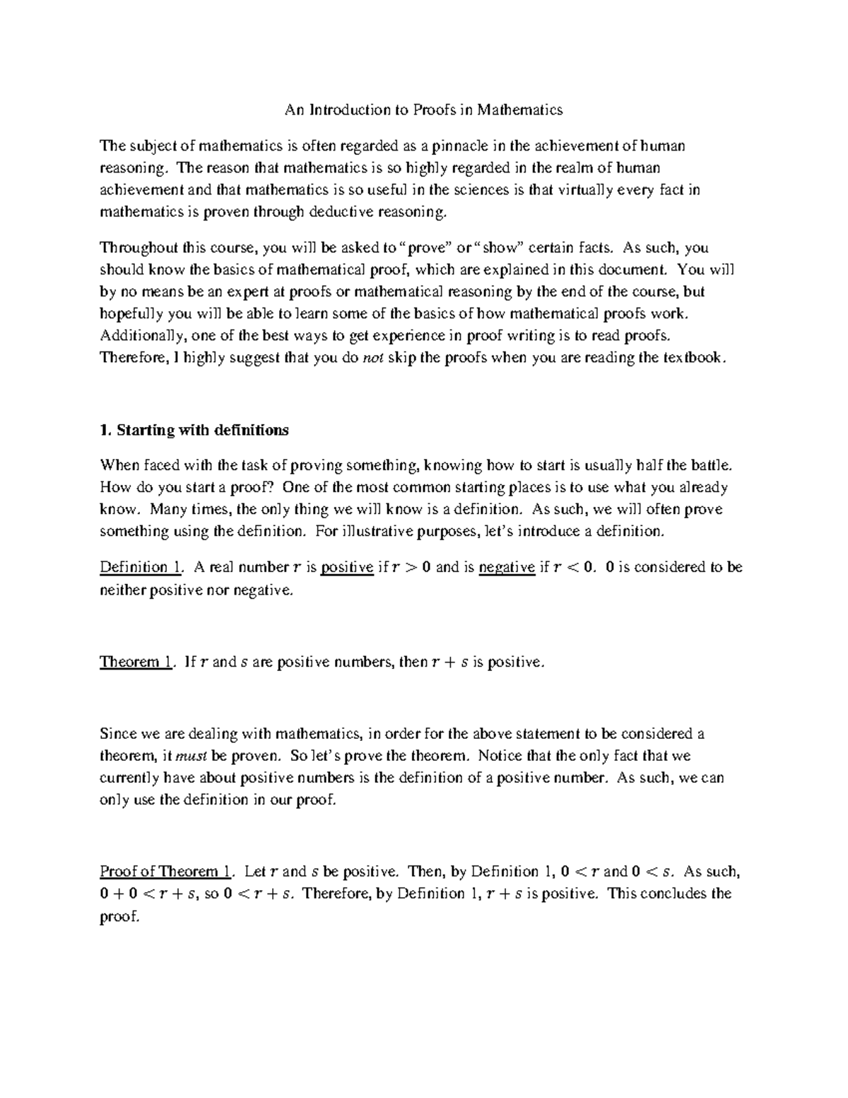 Proofsintro Math 1240 - Intro to how to write proofs uni statndard - An ...