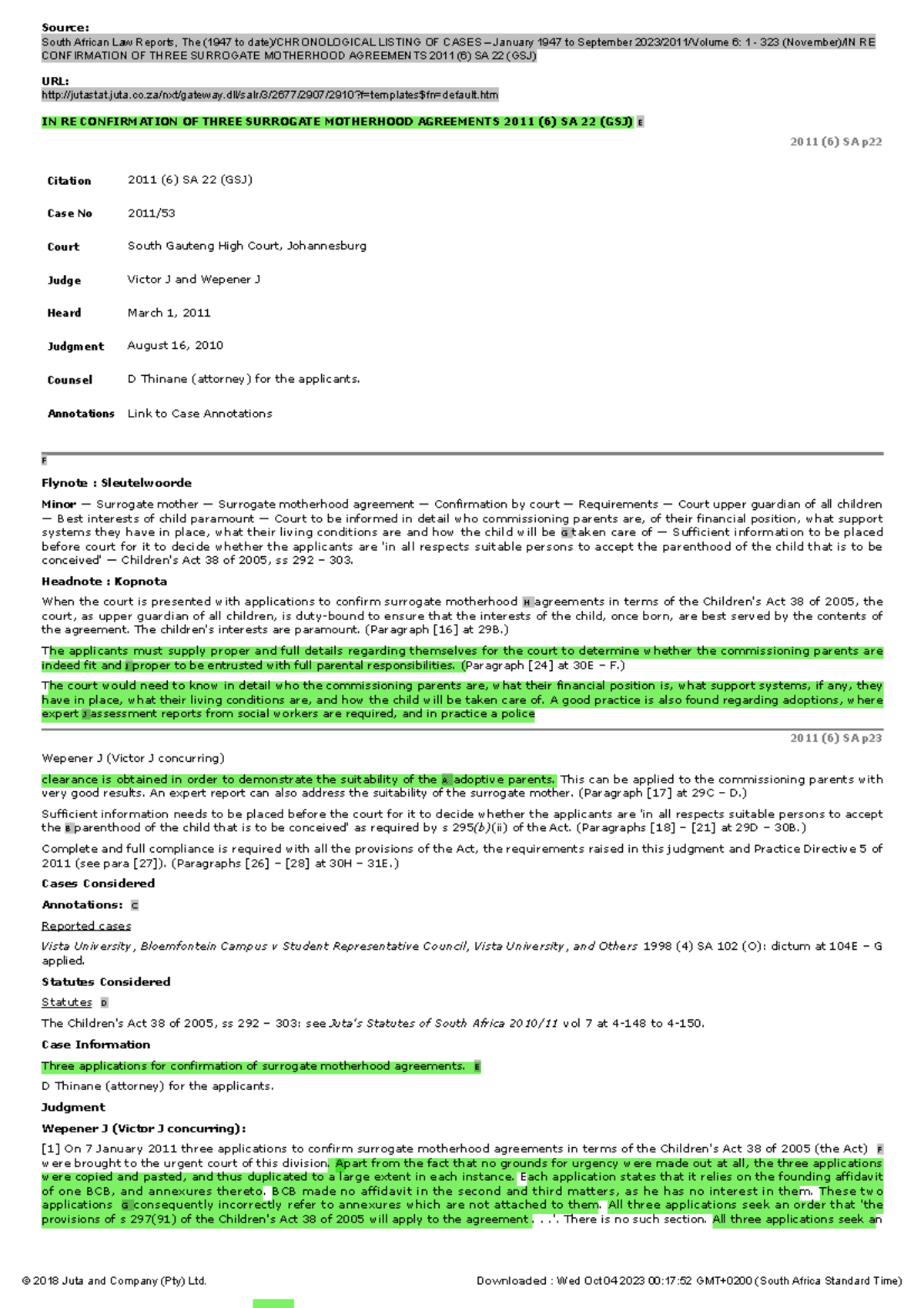 IN RE Confirmation OF Three Surrogate Motherhood Agreements 2011 (6) SA ...