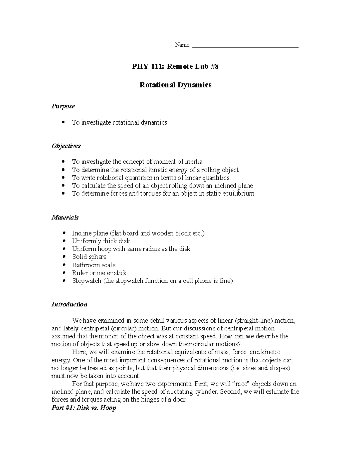 Phy 111 remote lab 08 - rotational dynamics - PHY 111L - USM - Studocu