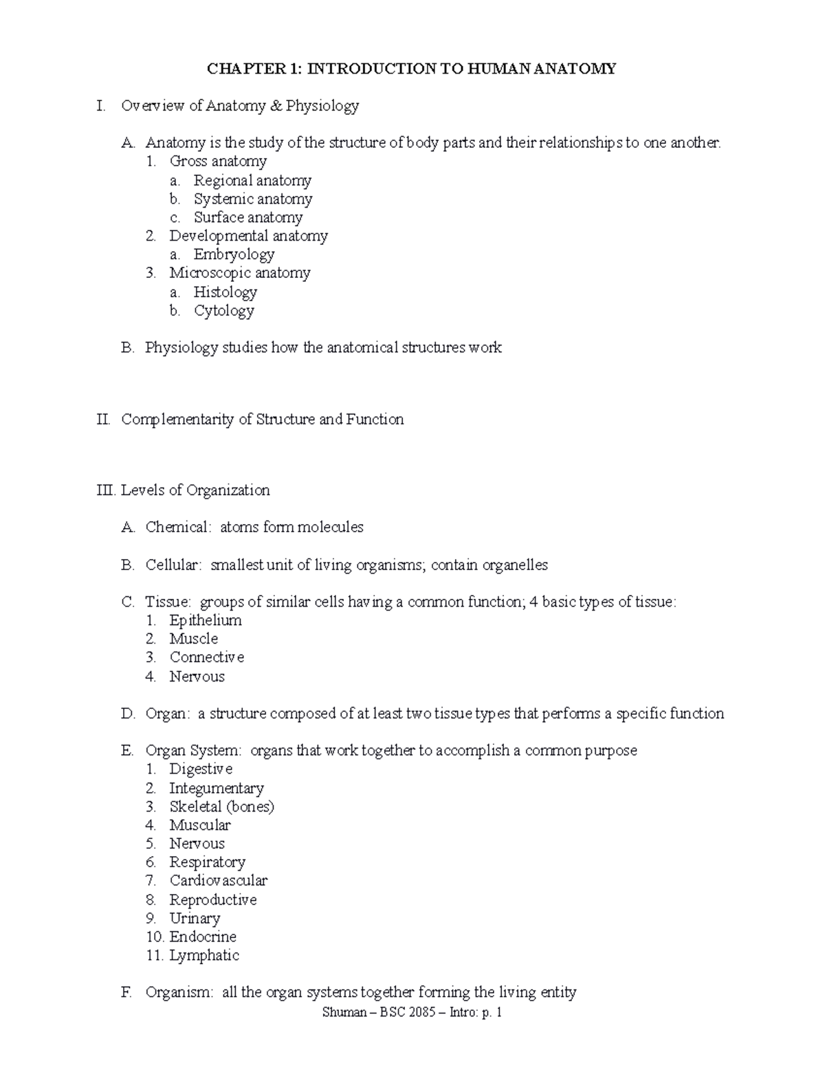 1 outline intro - CHAPTER 1: INTRODUCTION TO HUMAN ANATOMY I. Overview ...