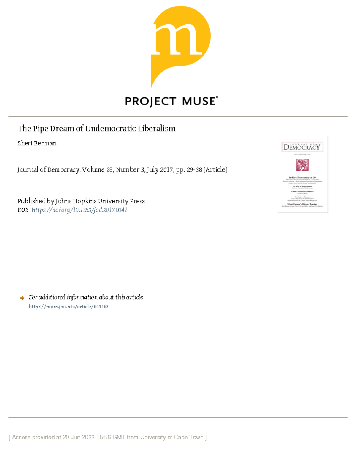 Berman 2017 - reading - The Pipe Dream of Undemocratic Liberalism Sheri ...