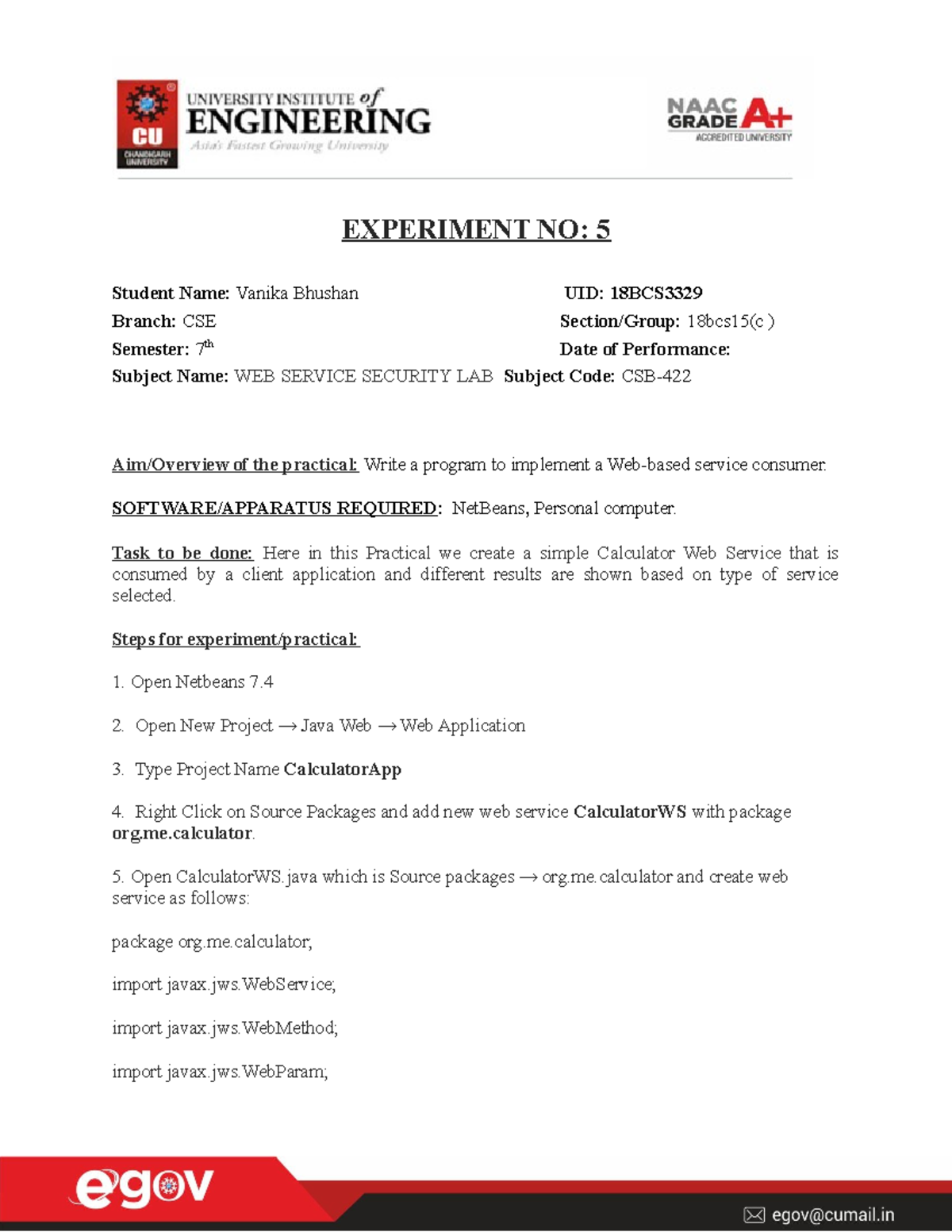 Wss5 - Types in wss - EXPERIMENT NO: 5 Student Name: Vanika Bhushan UID: 18BCS Branch: CSE - Studocu