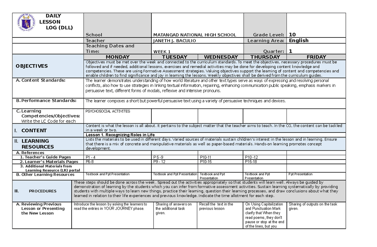 Week 1-2 aug 29-sept2 2022 - DAILY LESSON LOG (DLL) School MATANGAD ...