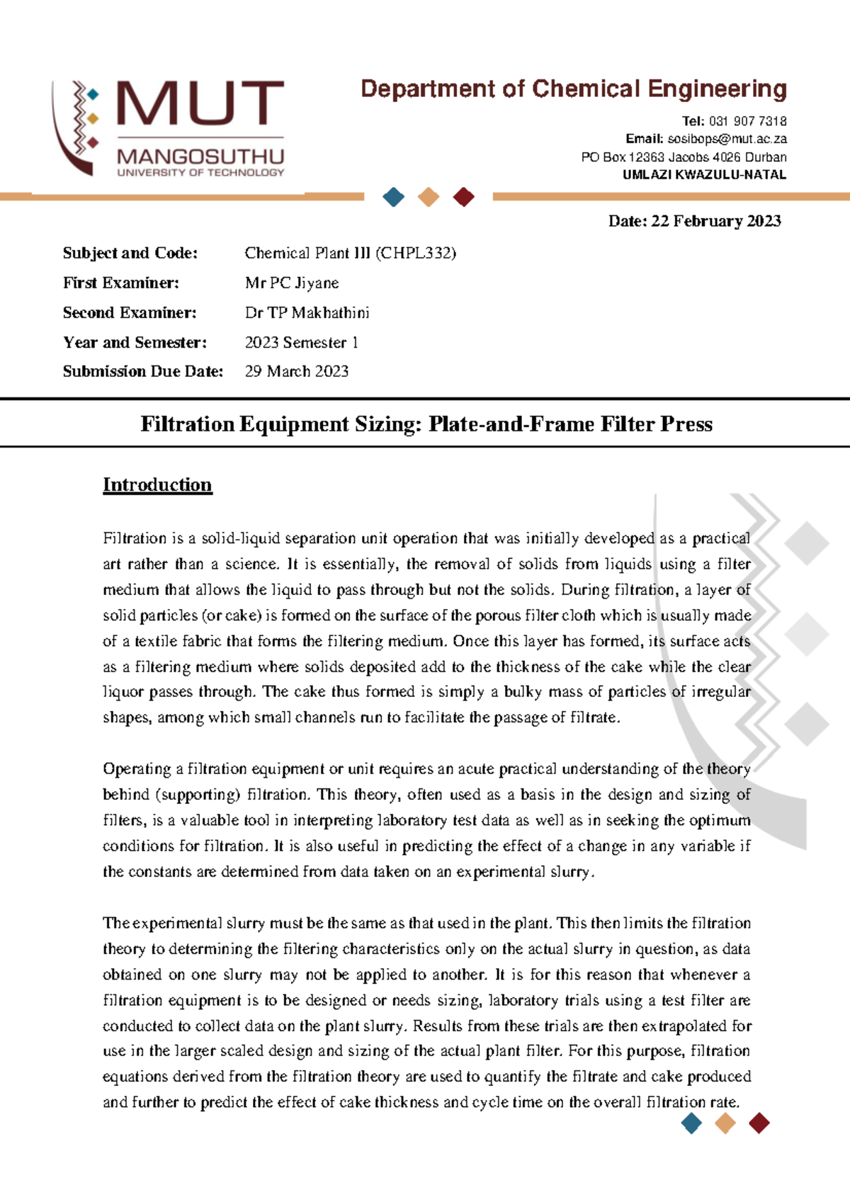 Chemical Plant III Assignment 1-2023 (004) - Department of Chemical ...