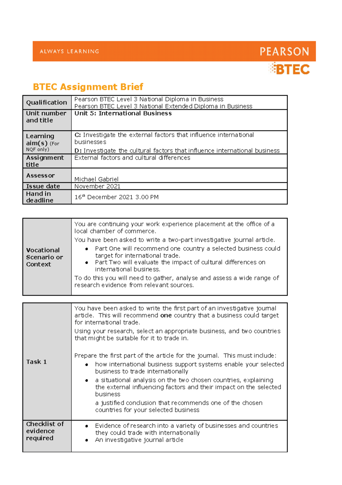 Assignment 2 Overview 3 - BTEC Assignment Brief Qualification Pearson ...