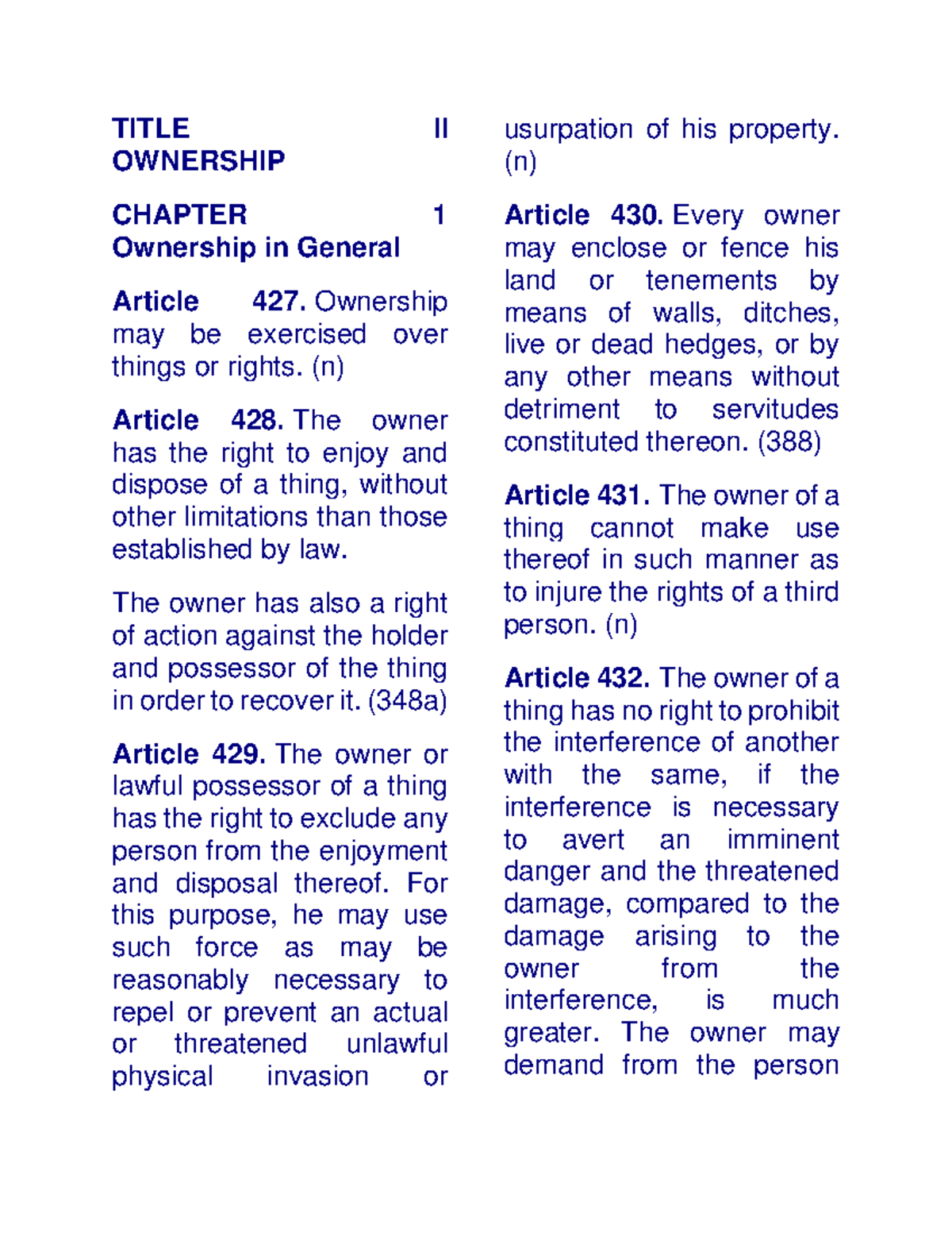 Property codal provisions -ownership - TITLE II OWNERSHIP CHAPTER 1 ...