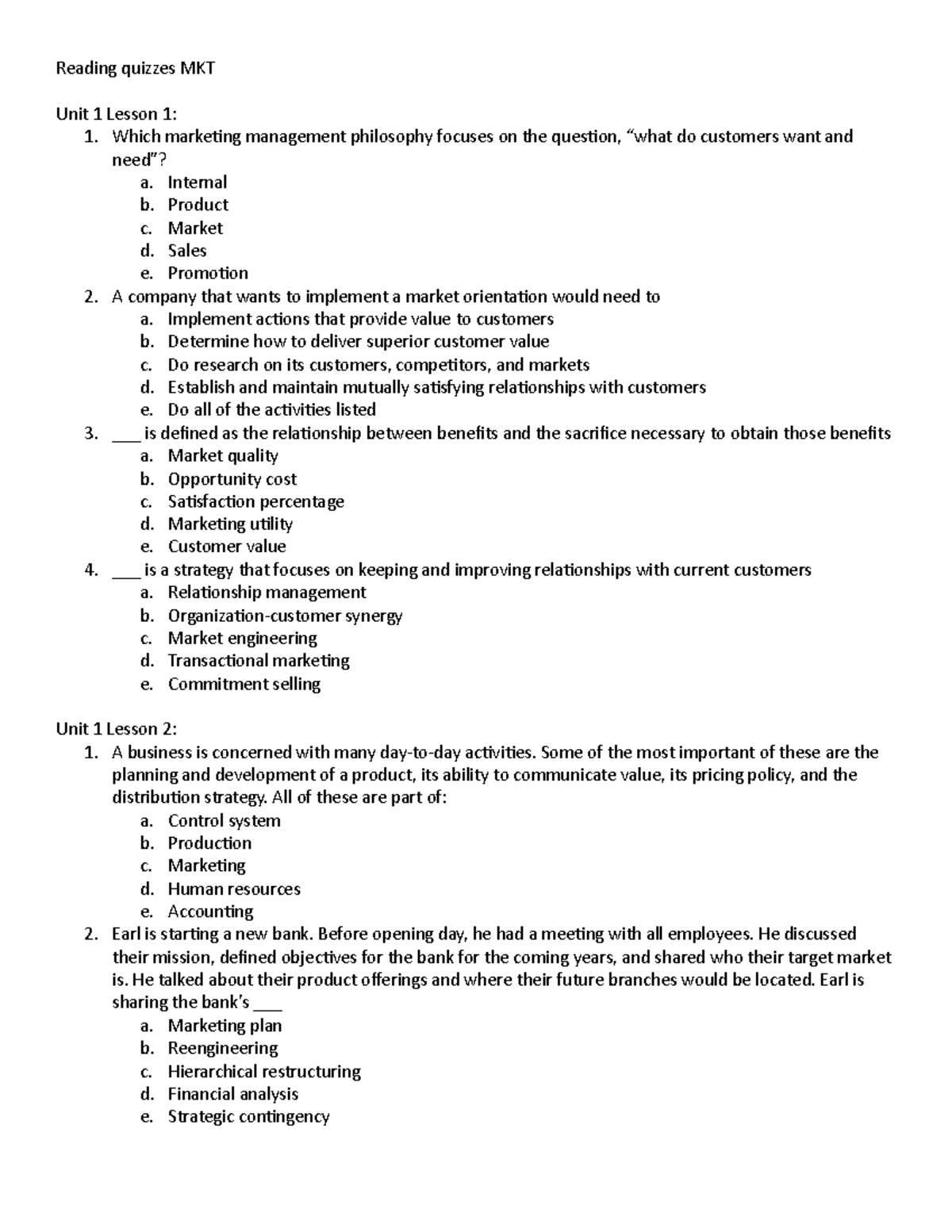 Reading quizzes MKT - Professor Kevin Williams - Reading quizzes MKT ...