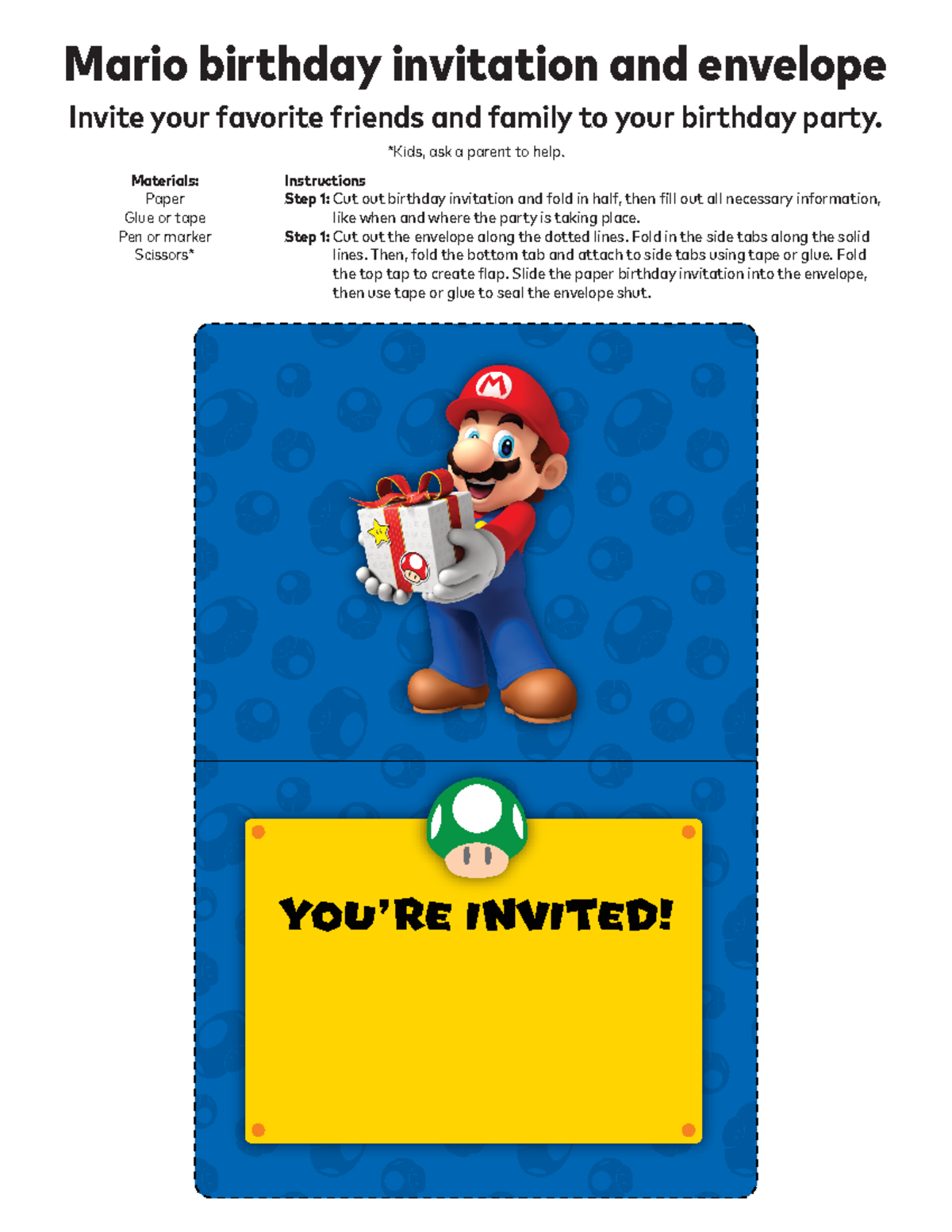 Birthday-invite - Mario birthday invitation and envelope Invite your ...