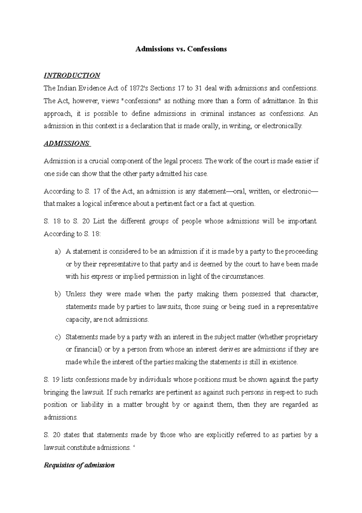 Admission v. Confession - Admissions vs. Confessions INTRODUCTION The ...