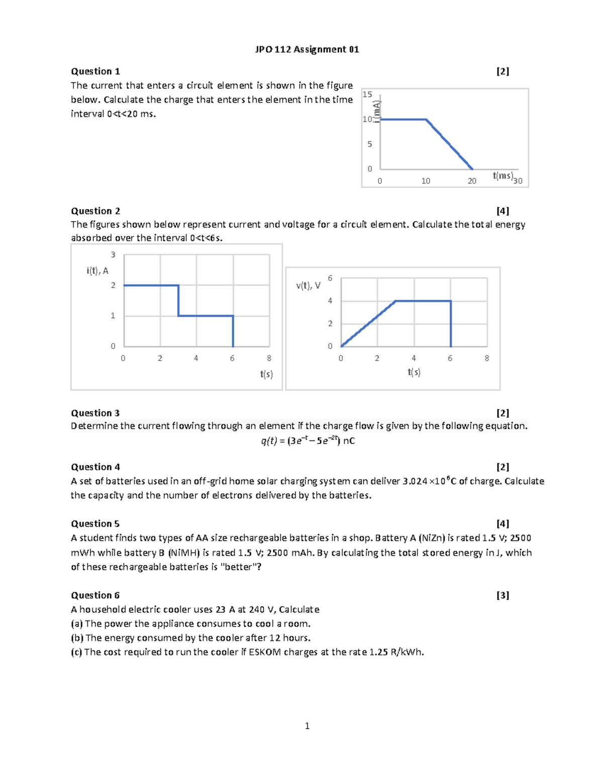 Assignment 01 2024 - Power, equivalent resistance, - 1 JPO 112 Assignment 01 Question 1 [2] The ...