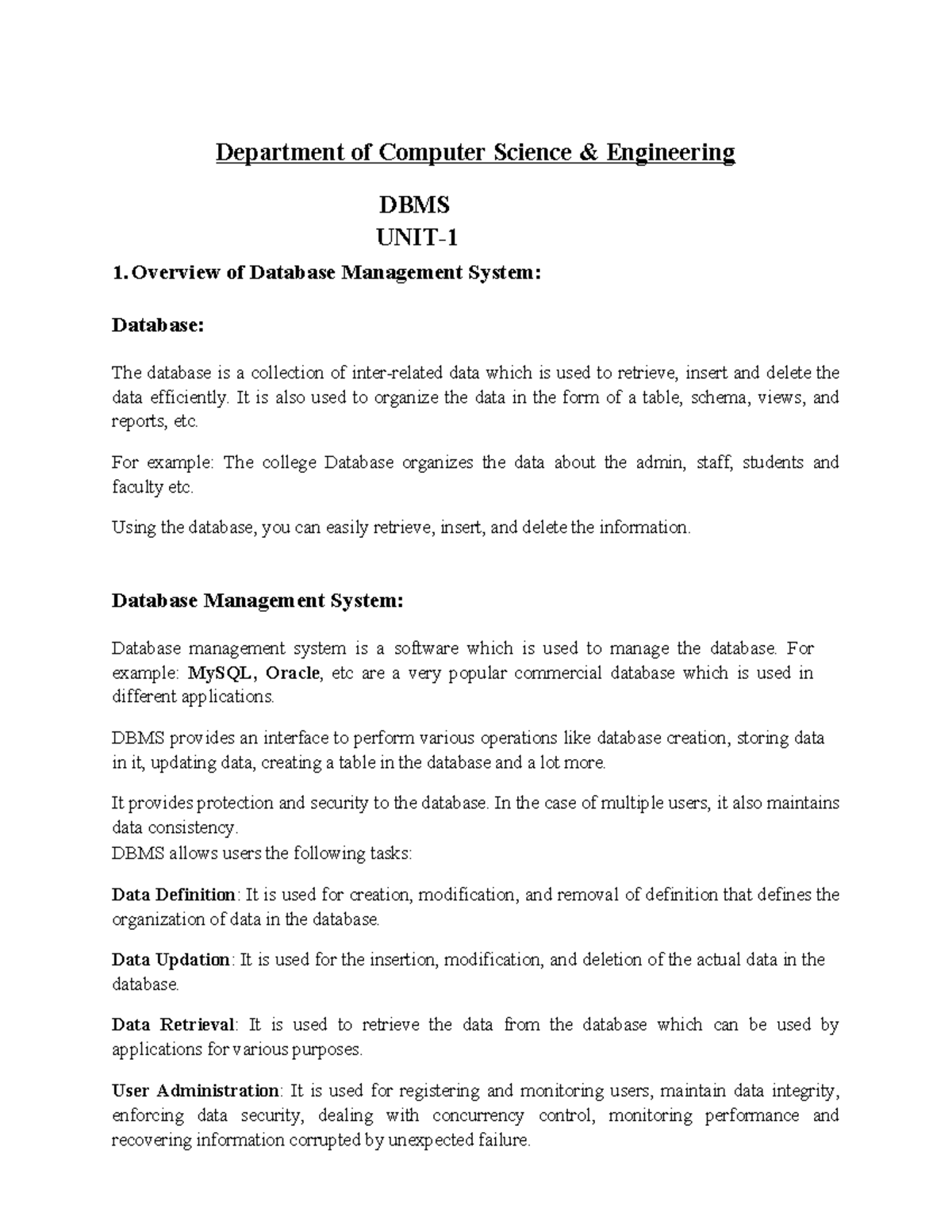 UNIT-1 DBMS - Department of Computer Science & Engineering DBMS UNIT- 1. Overview of Database ...