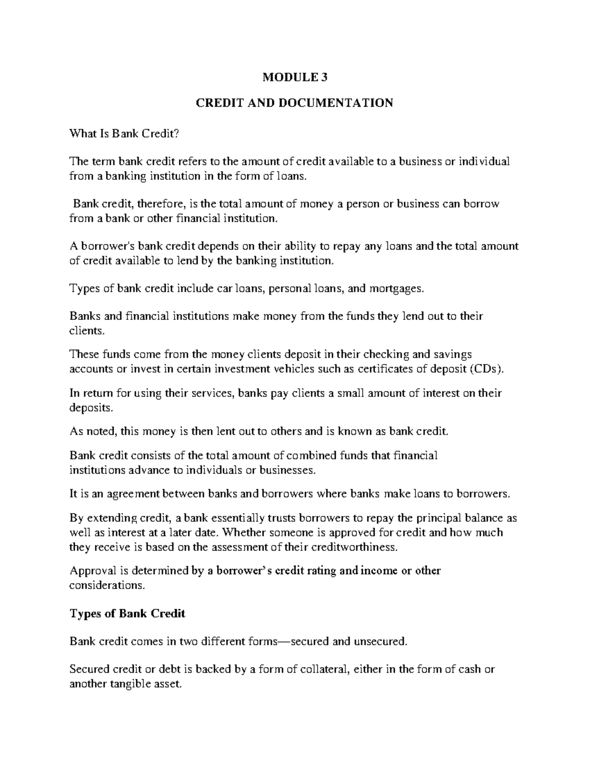 Module 3 mbfi.... - MODULE 3 CREDIT AND DOCUMENTATION What Is Bank ...