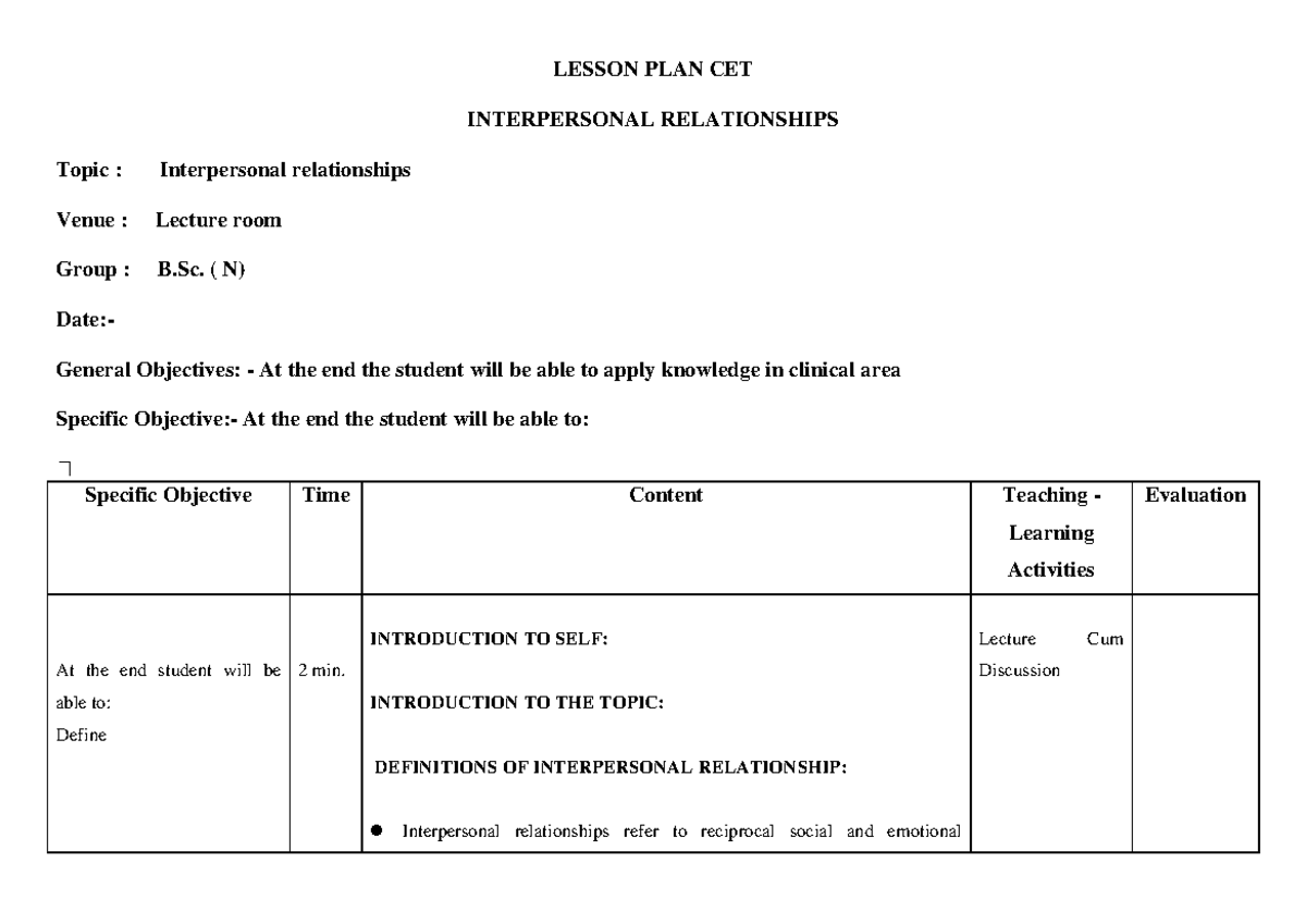 Lesson plan CET - CET - LESSON PLAN CET INTERPERSONAL RELATIONSHIPS ...