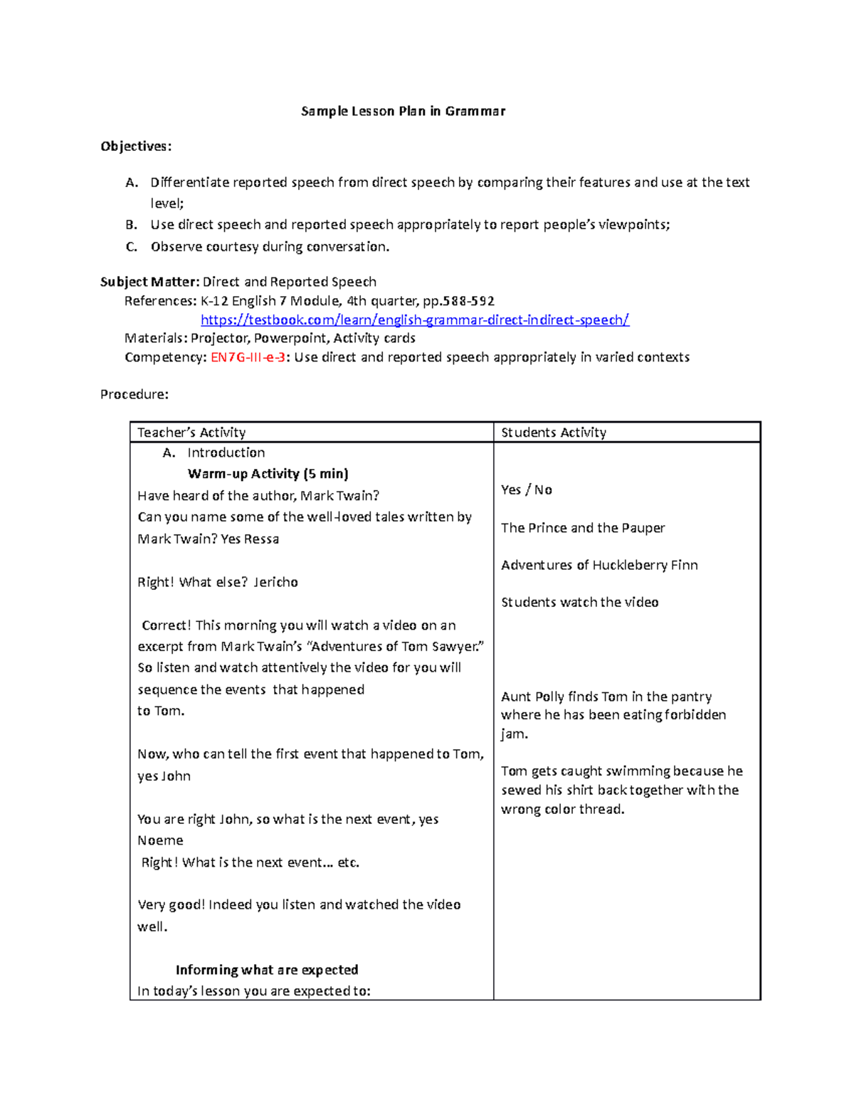 Sample Lesson Plan in Grammar - Sample Lesson Plan in Grammar ...
