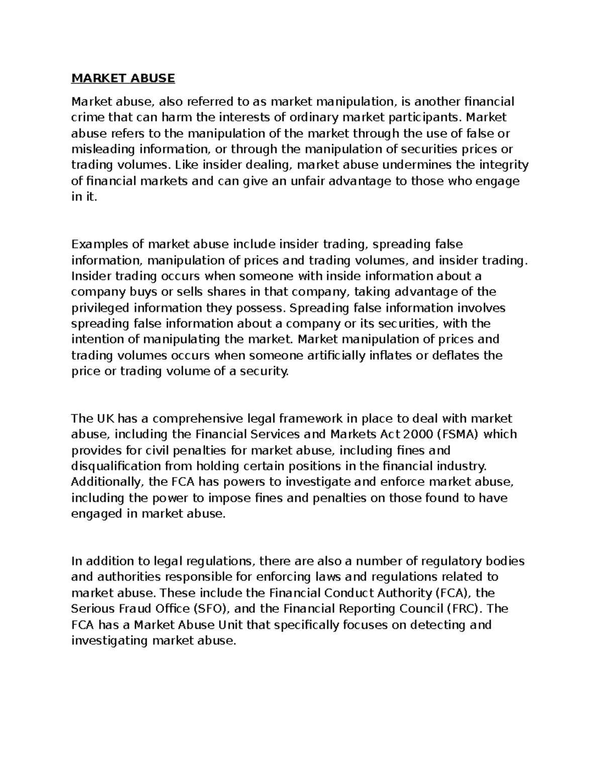 Market Abuse - Summary Law of Financial Crimes - MARKET ABUSE Market ...