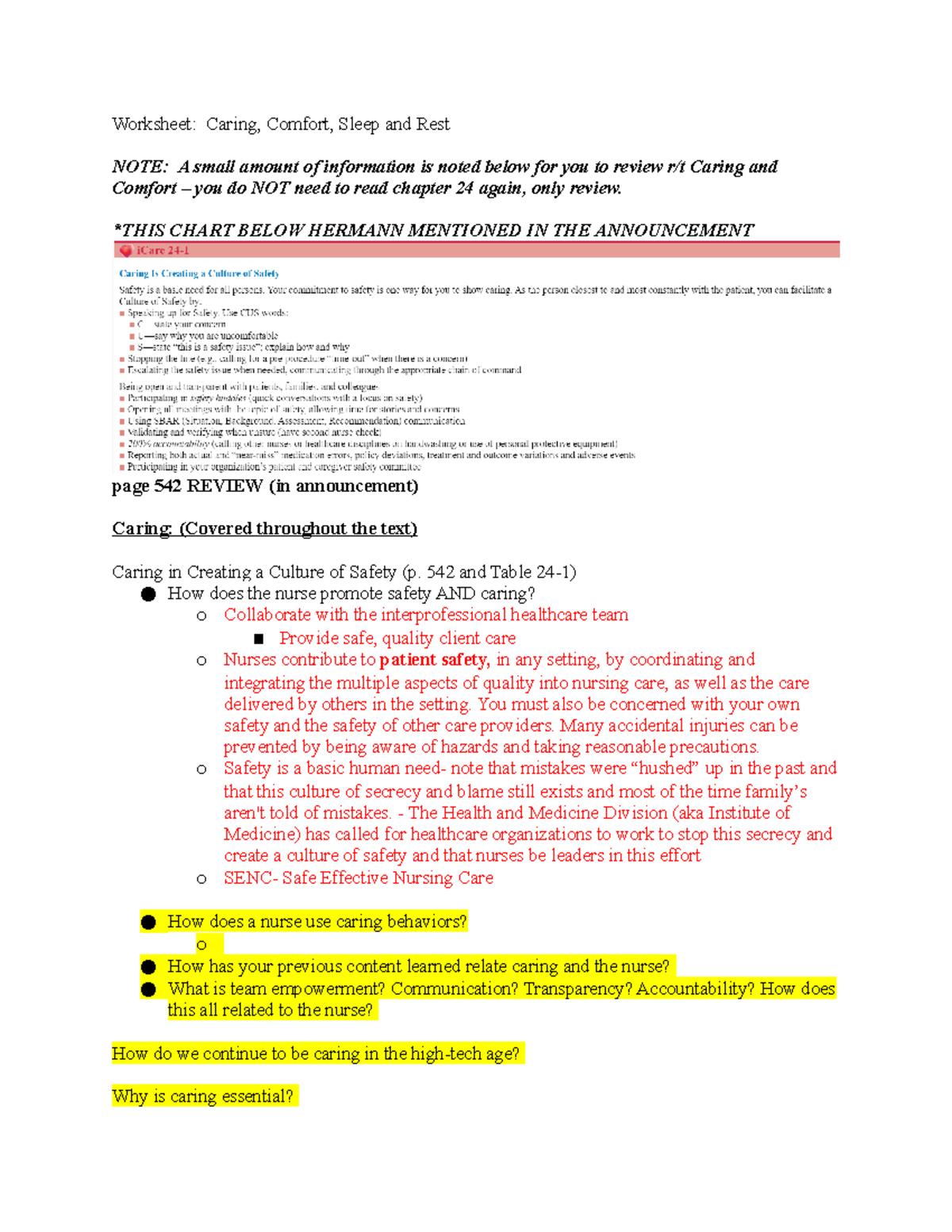 Unit 15 Worksheet - Worksheet: Caring, Comfort, Sleep and Rest NOTE: A ...