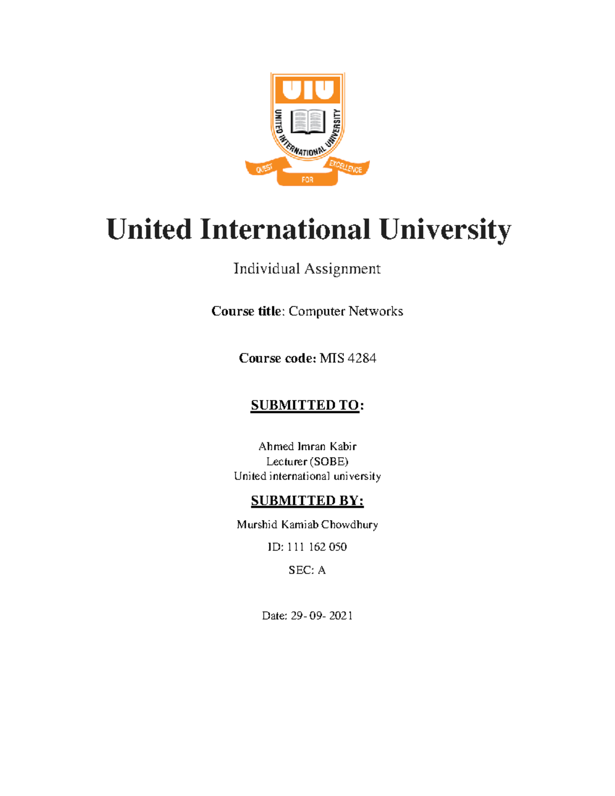 Cn individual assignment - United International University Individual ...