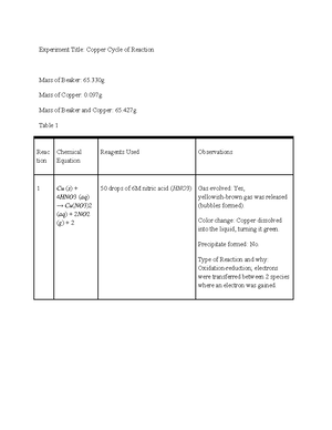 CHEM 108 Experiment # 1 Data - Experiment 1: MEASUREMENT 31 Sample Data ...